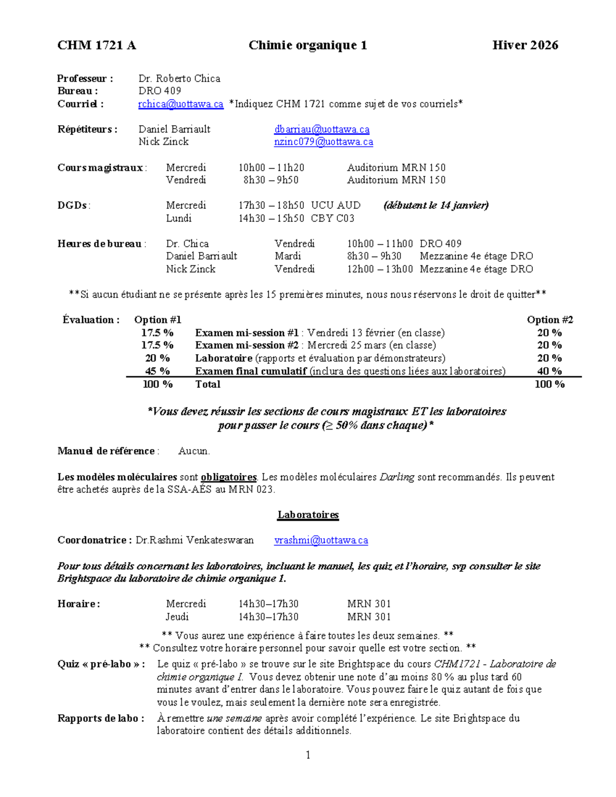 CHM 1721A 2026 - Plan de Cours de Chimie Organique 1 - Studocu
