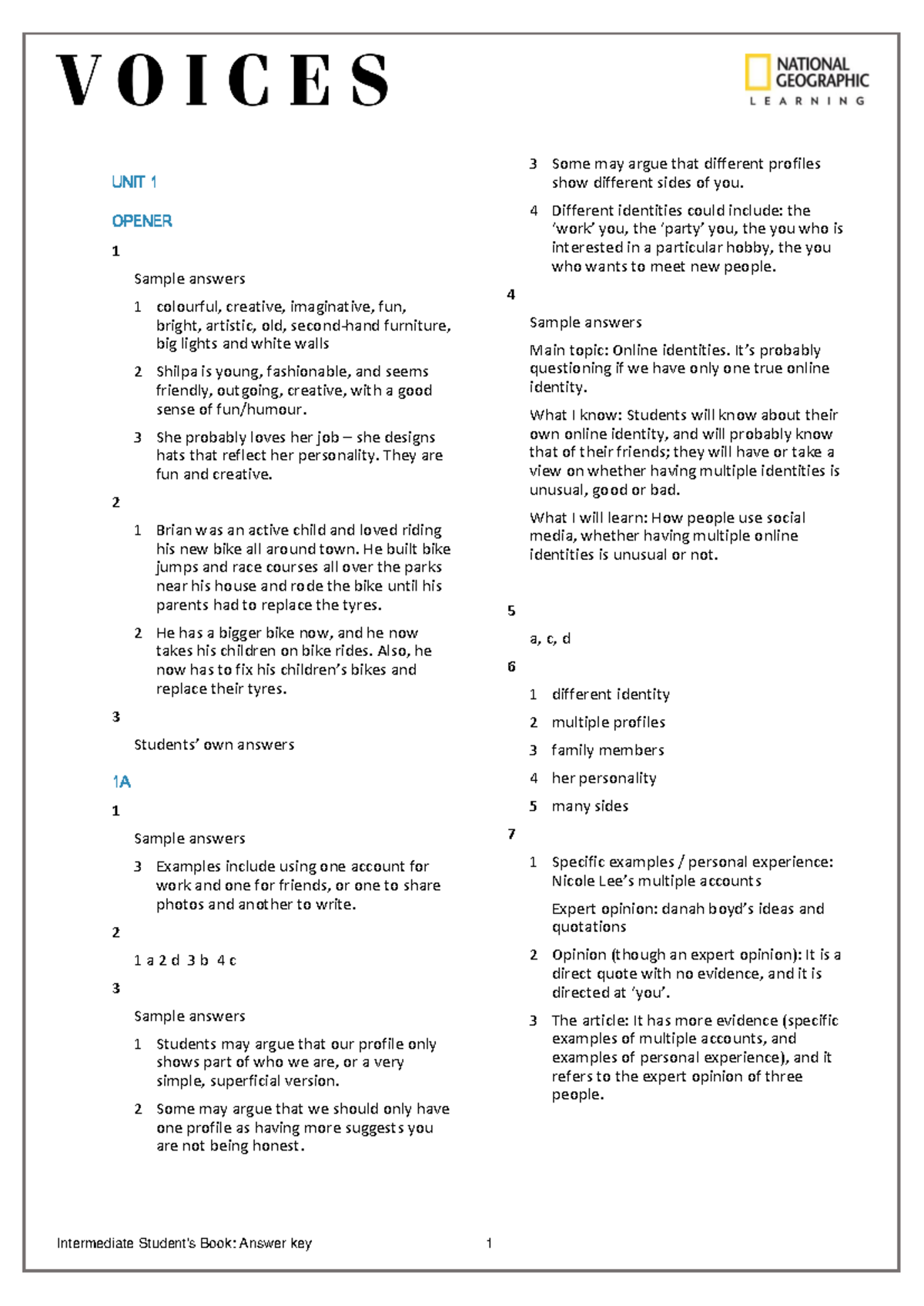 Voices Intermediate Students Book Answer Key (Unit 1-6) - Studocu