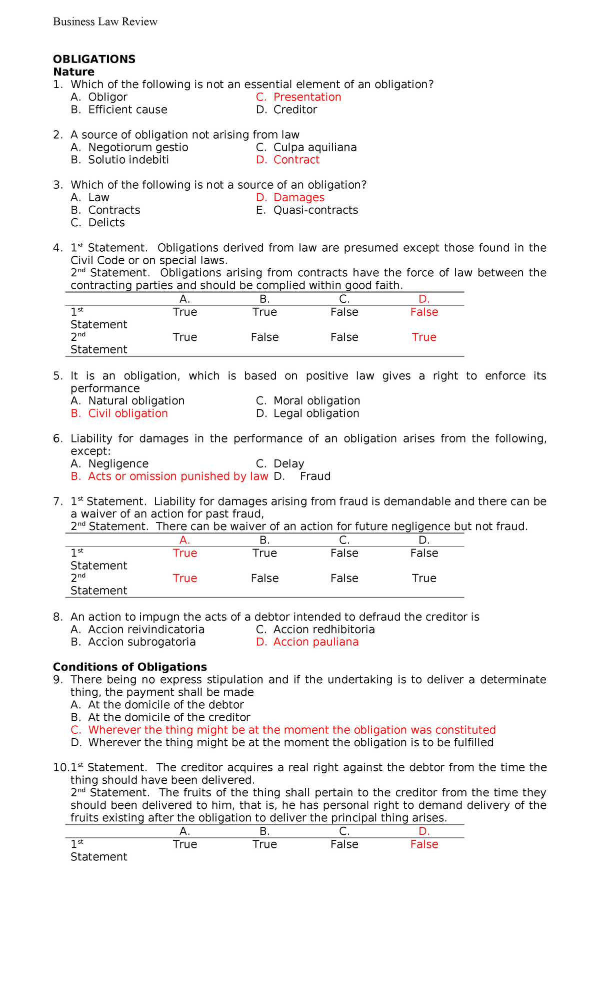 Business Law Test Bank: Key Questions on Obligations and Liability ...