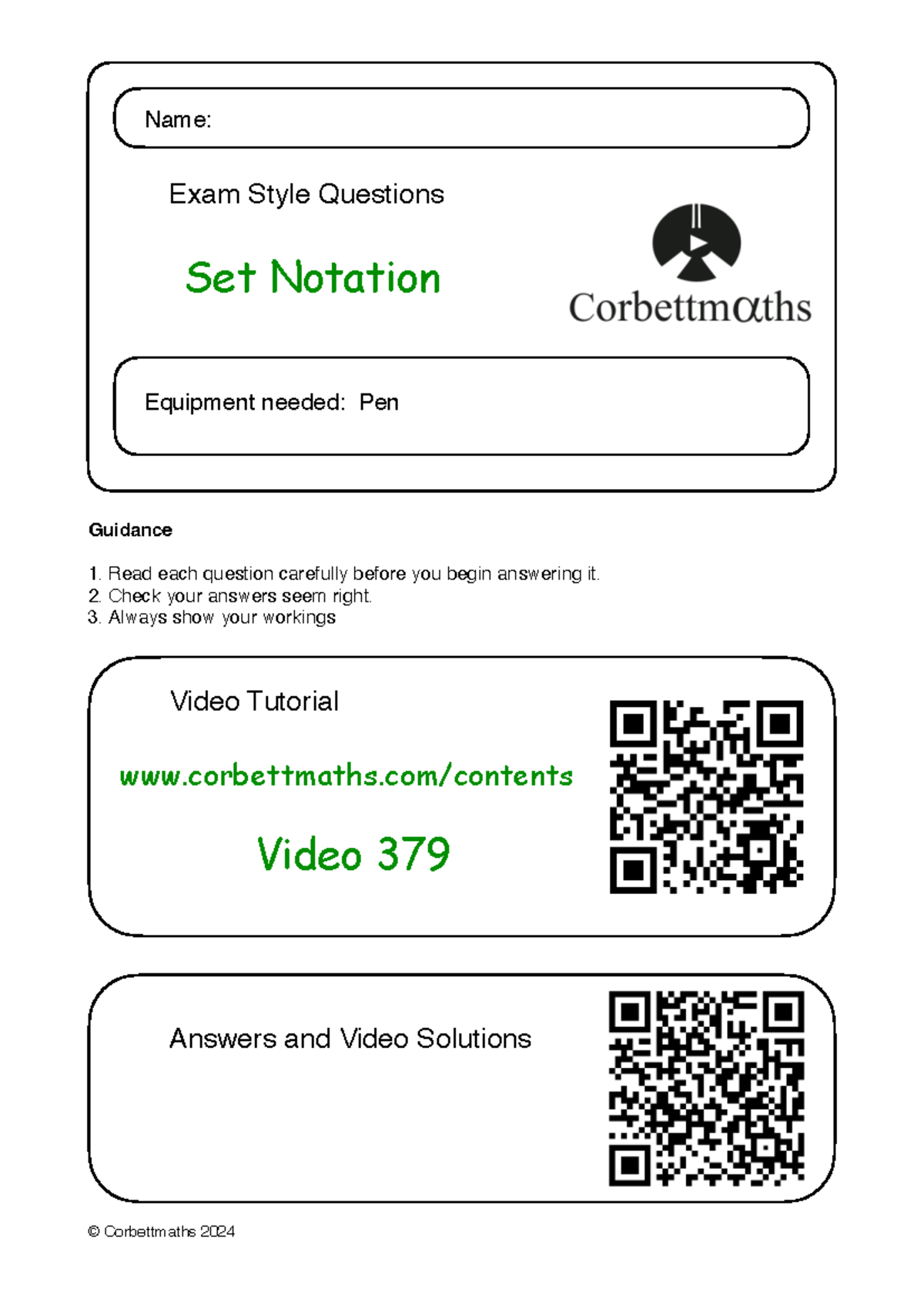 Set Notation Exam Style Questions - Corbettmaths 2024 - Studocu