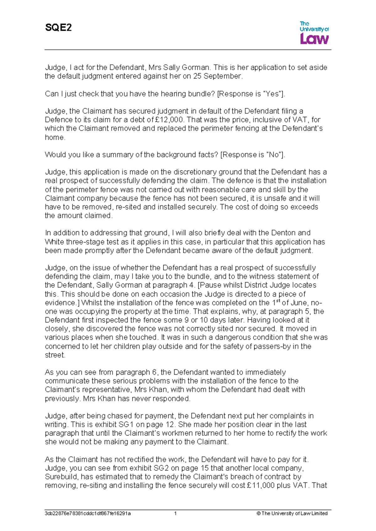 Default Judgment Sample Answer - Application to Set Aside SQE - Studocu