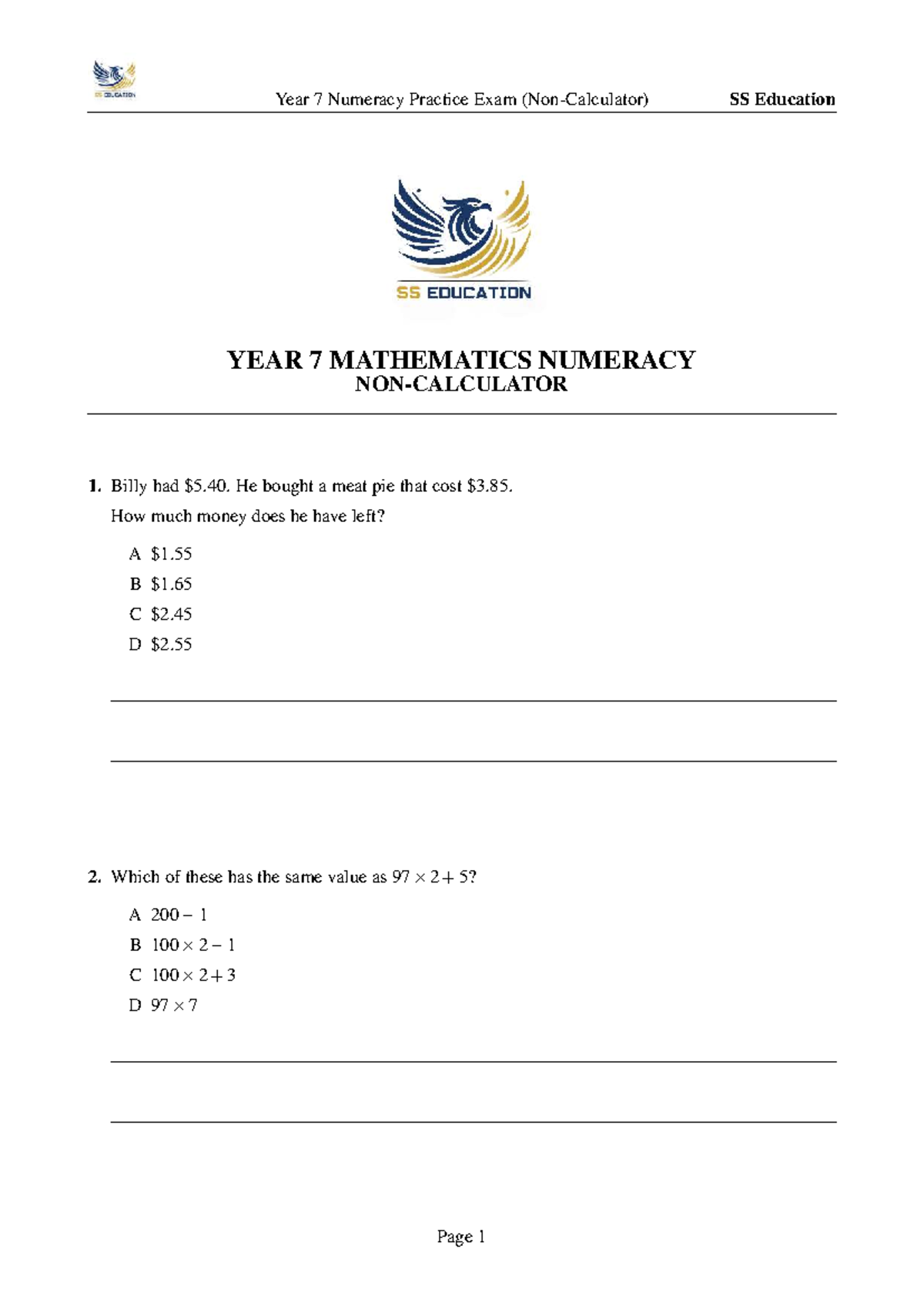 Year 7 Non-Calc NAPLAN Numeracy Practice Exam 2026 - Studocu