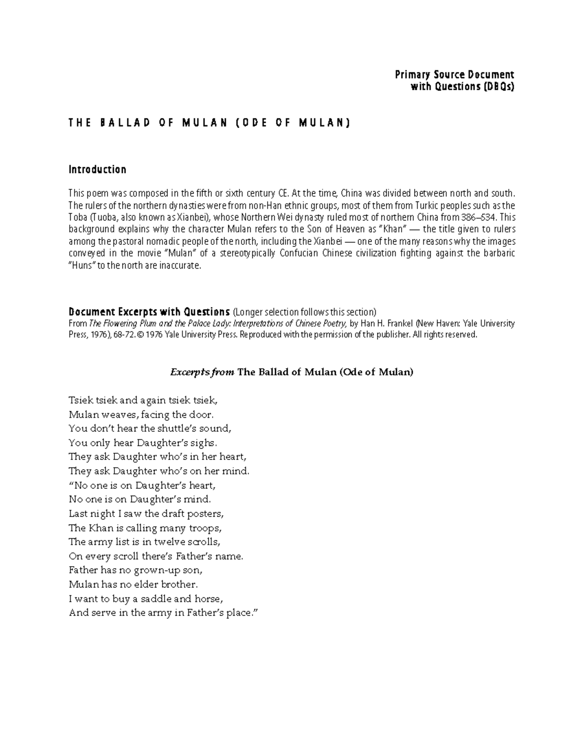 SU2 Ballad of Mulan - Lecture Notes & DBQs on Cultural Context - Studocu