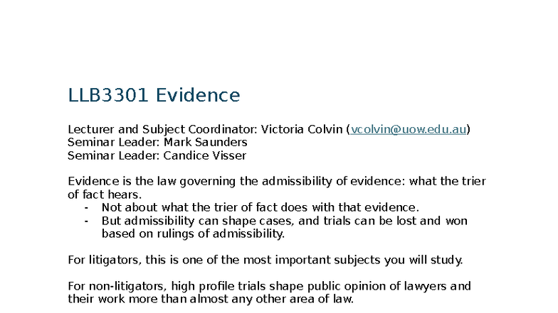LLB3301 Evidence - Introductory Lectures and Tutorial Insights - Studocu