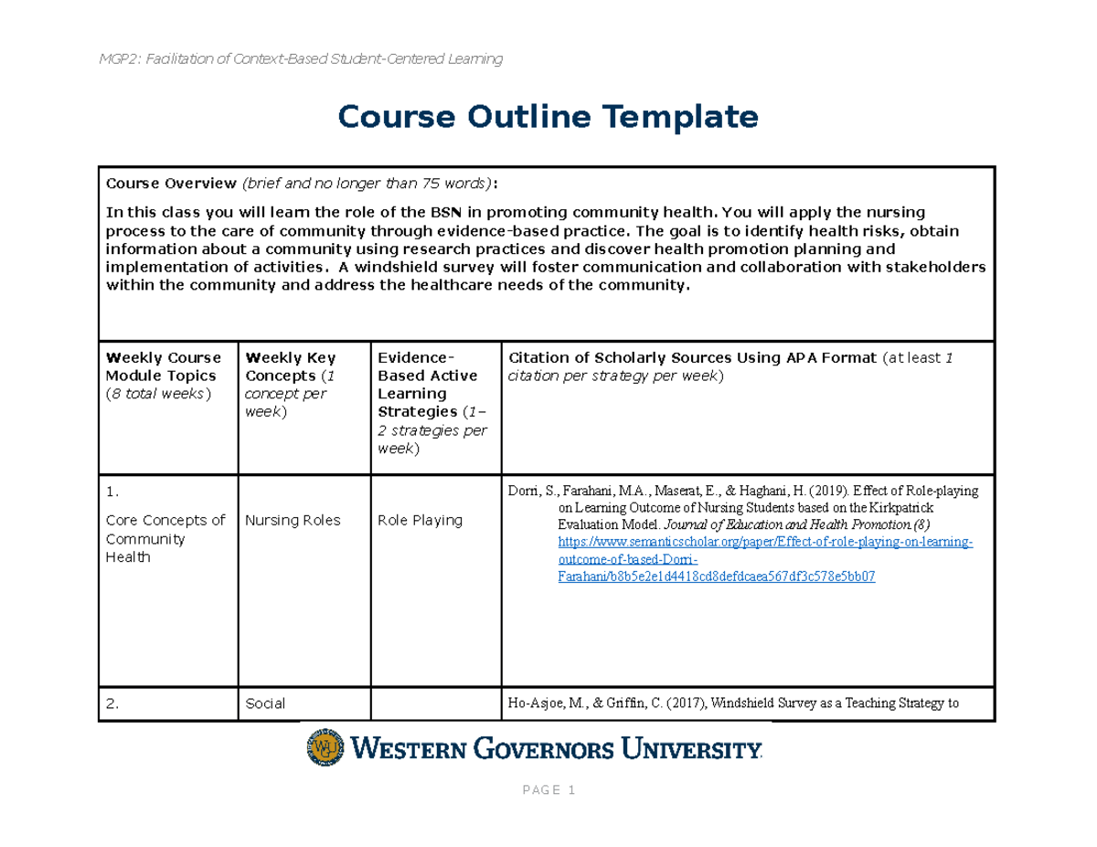 MGP2: Community Health Nursing Course Outline Template (Final) - Studocu