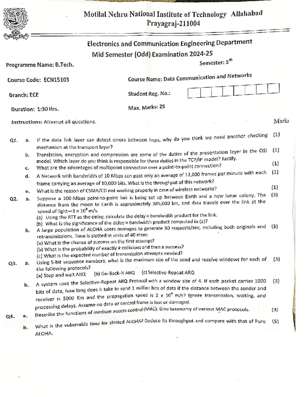 DCN PYQ - ECN15103 Mid Sem Exam Q&A for Data Comm & Networks - Studocu