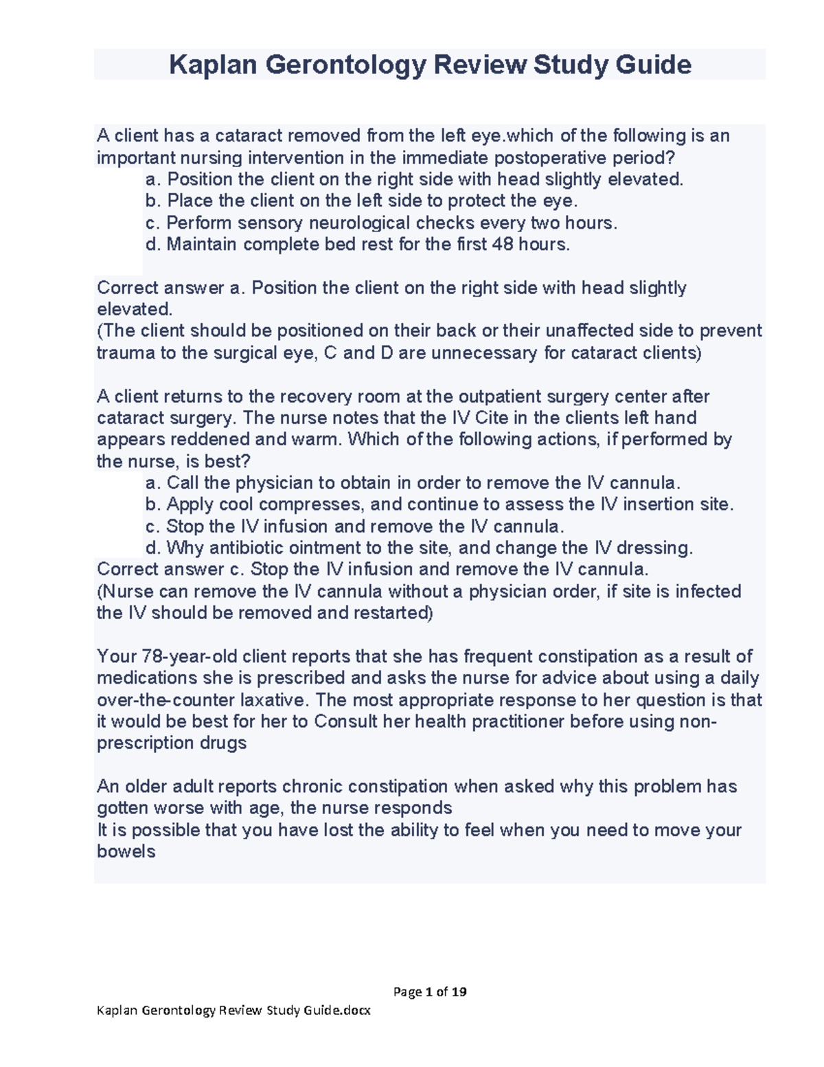 Kaplan Gerontology Review Study Guide - Key Nursing Interventions for ...