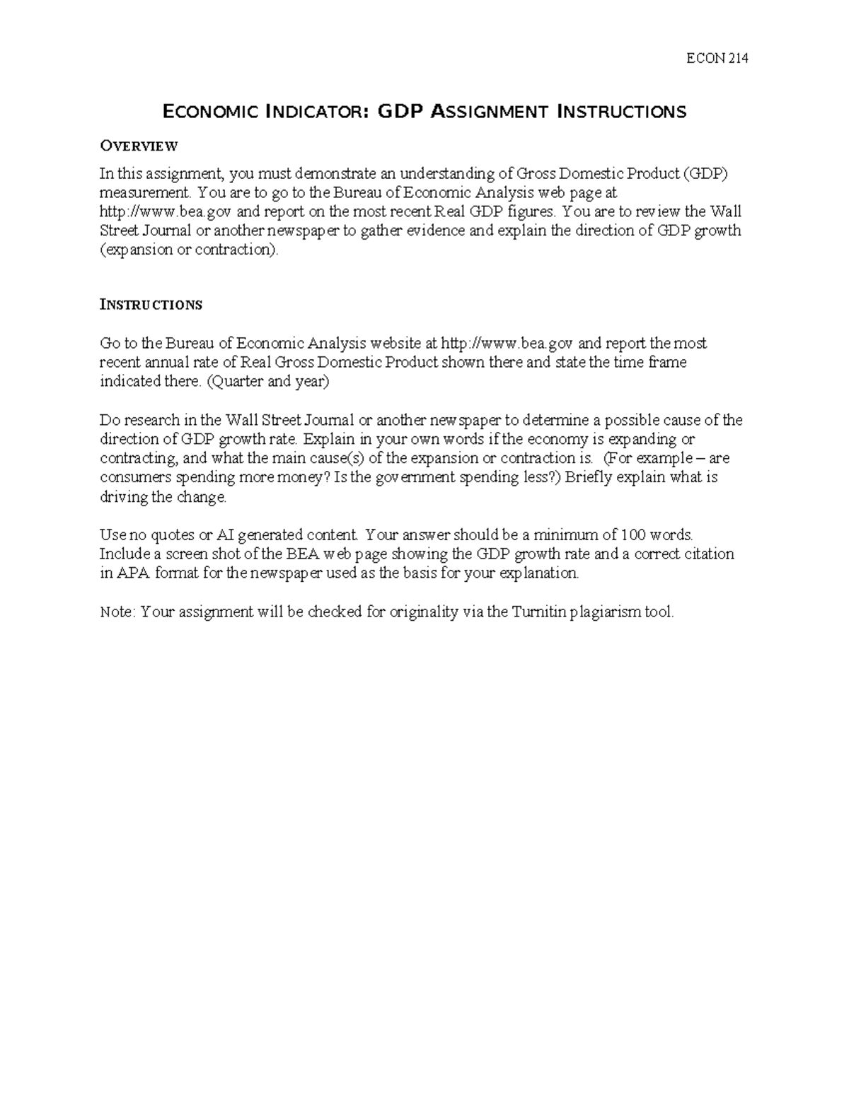 ECON 214 GDP Assignment Instructions: Analysis of Economic Indicators ...