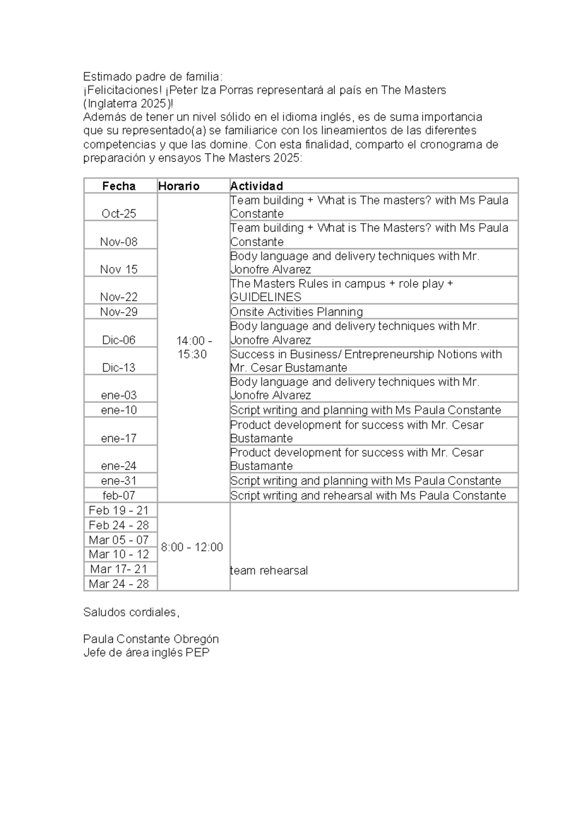 The Masters Cronograma - Estimado padre de familia: ¡Felicitaciones ...