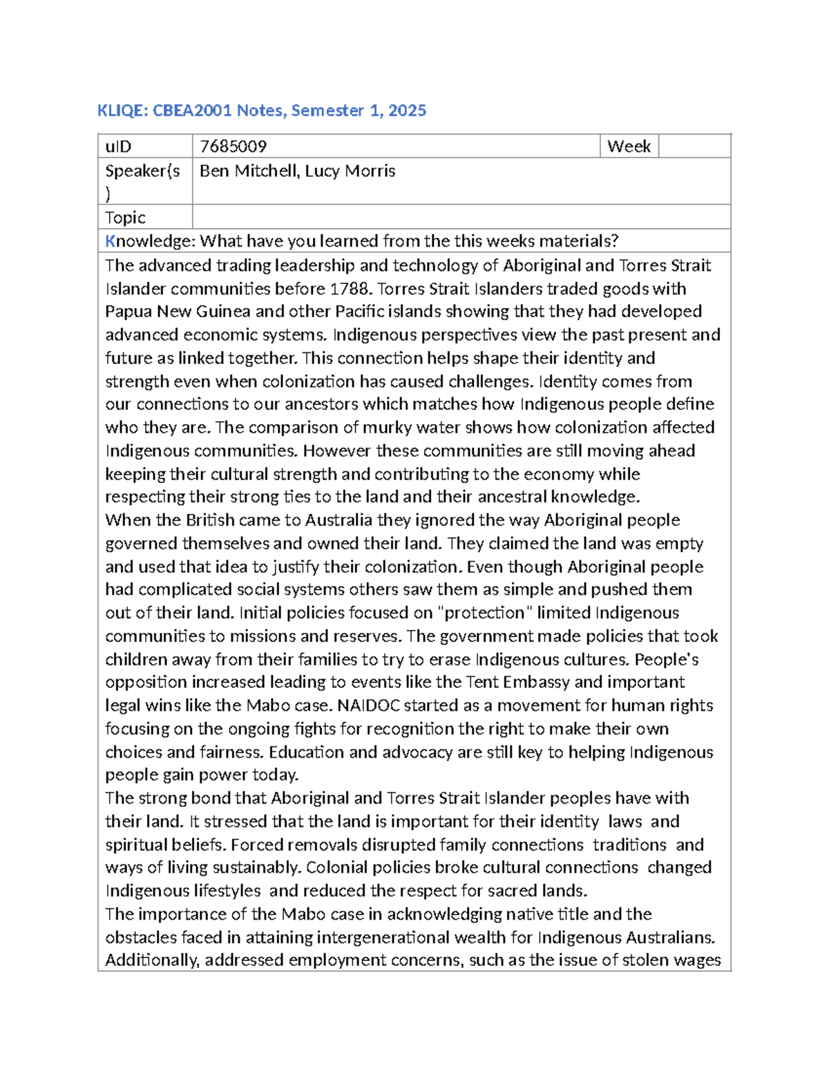 KLIQE: CBEA2001 Lecture Notes on Indigenous Economic Systems - Studocu