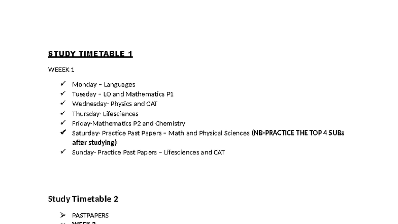 Study Timetable 1 - for grade 11 - STUDY TIMETABLE 1 WEEEK 1 Monday ...