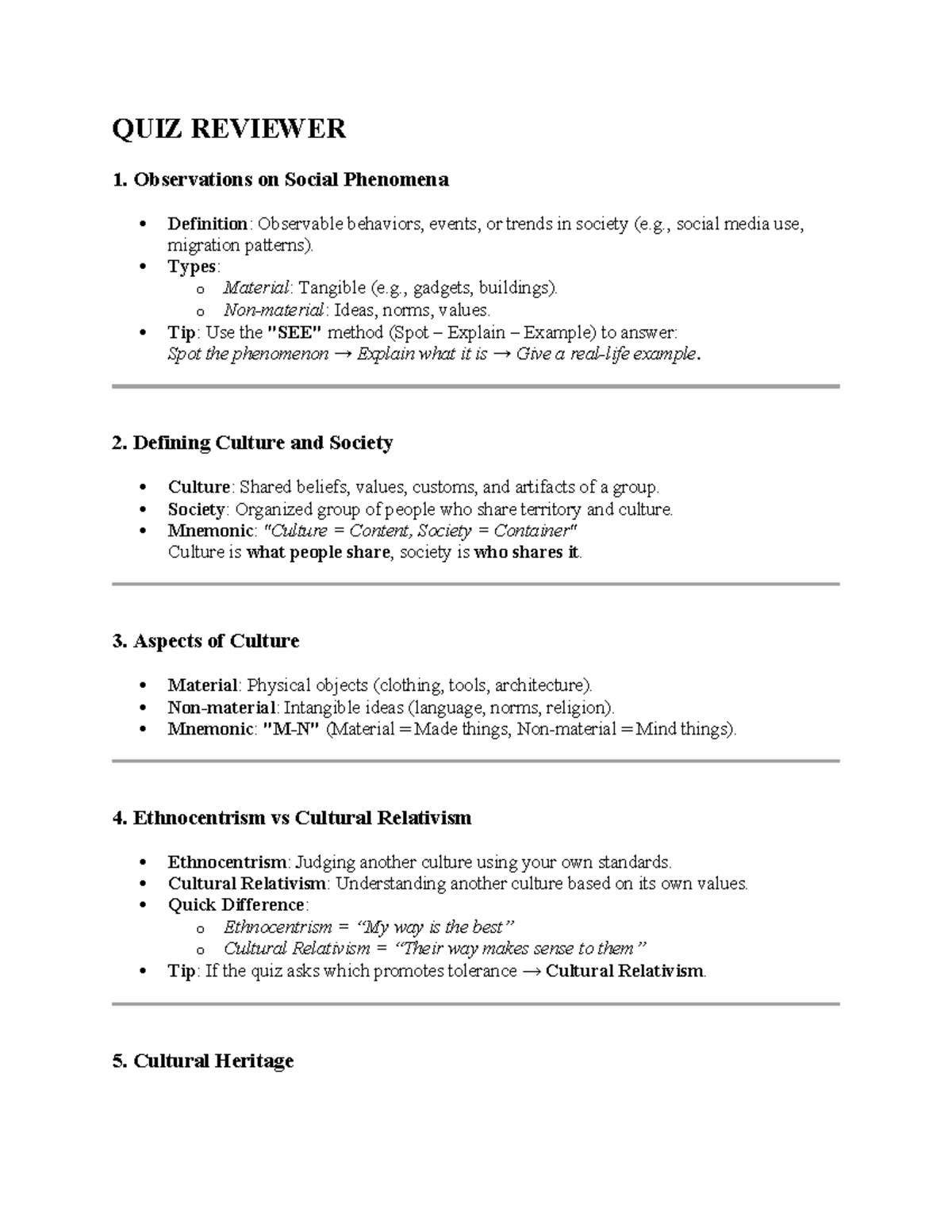 UCSP QUIZ REVIEWER: Key Concepts in Social Phenomena and Culture - Studocu