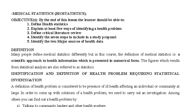 STATISTICS (BIOSTATISTICS): Health Care Data Collection & Analysis ...