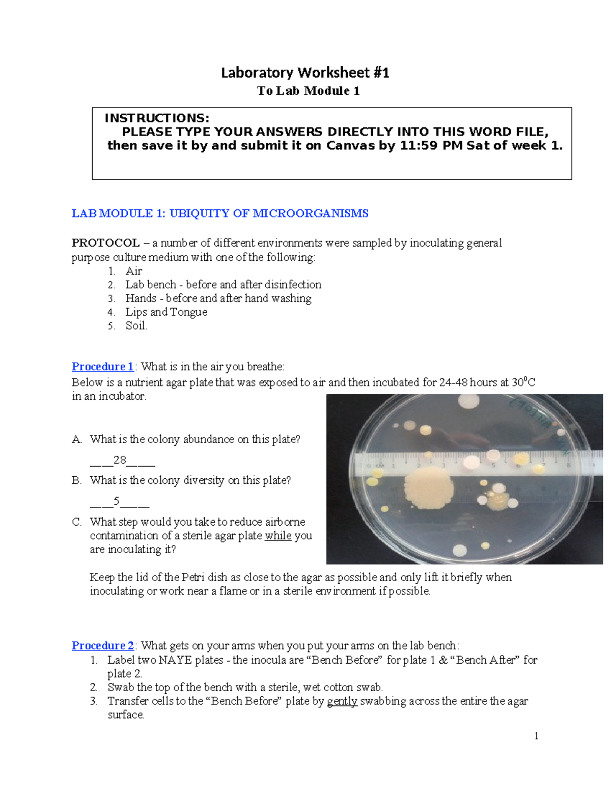 Lab Module 1: Ubiquity of Microorganisms - Worksheet - Studocu