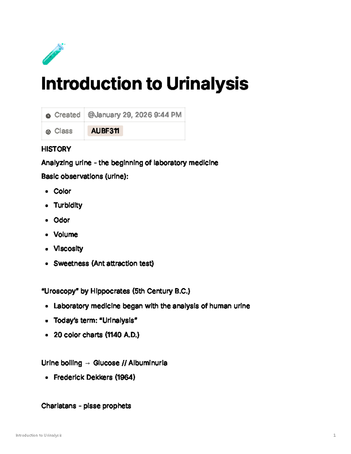 AUBF311 Introduction to Urinalysis: Key Concepts and Procedures - Studocu