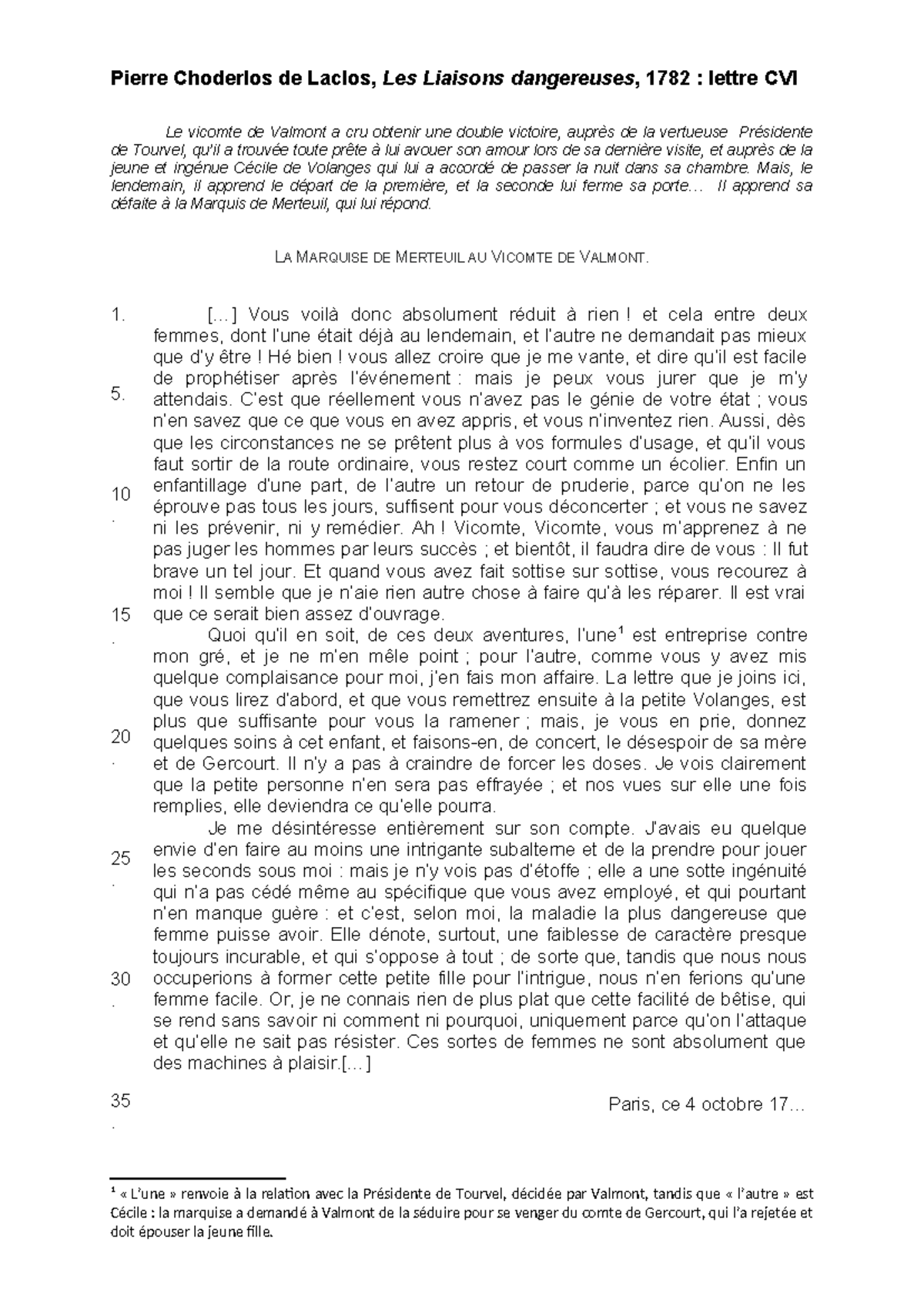 Laclos, Les Liaisons dangereuses : Lettre CVI Analyse et Contexte - Studocu