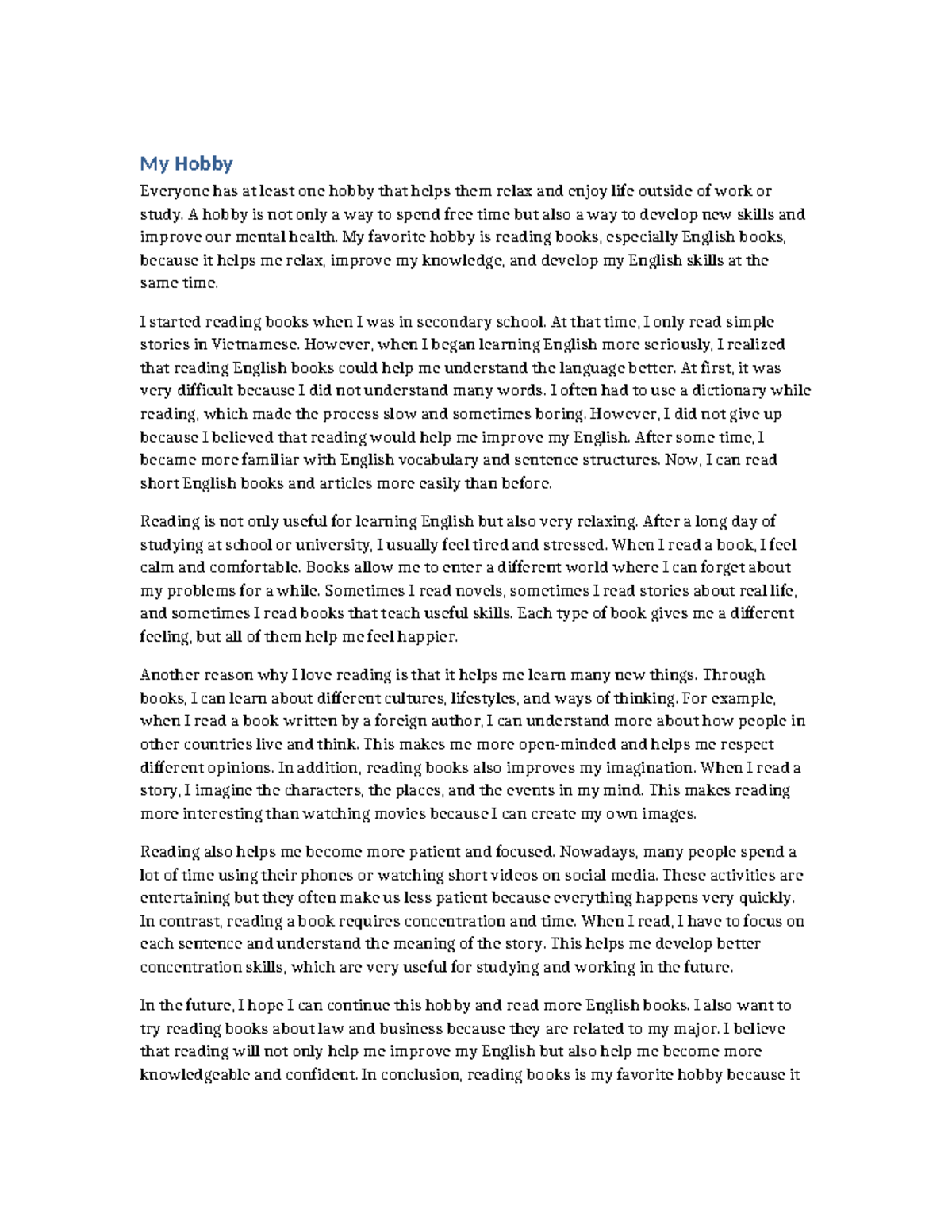My Hobby: The Joy of Reading Books (Essay 600 words) - Studocu