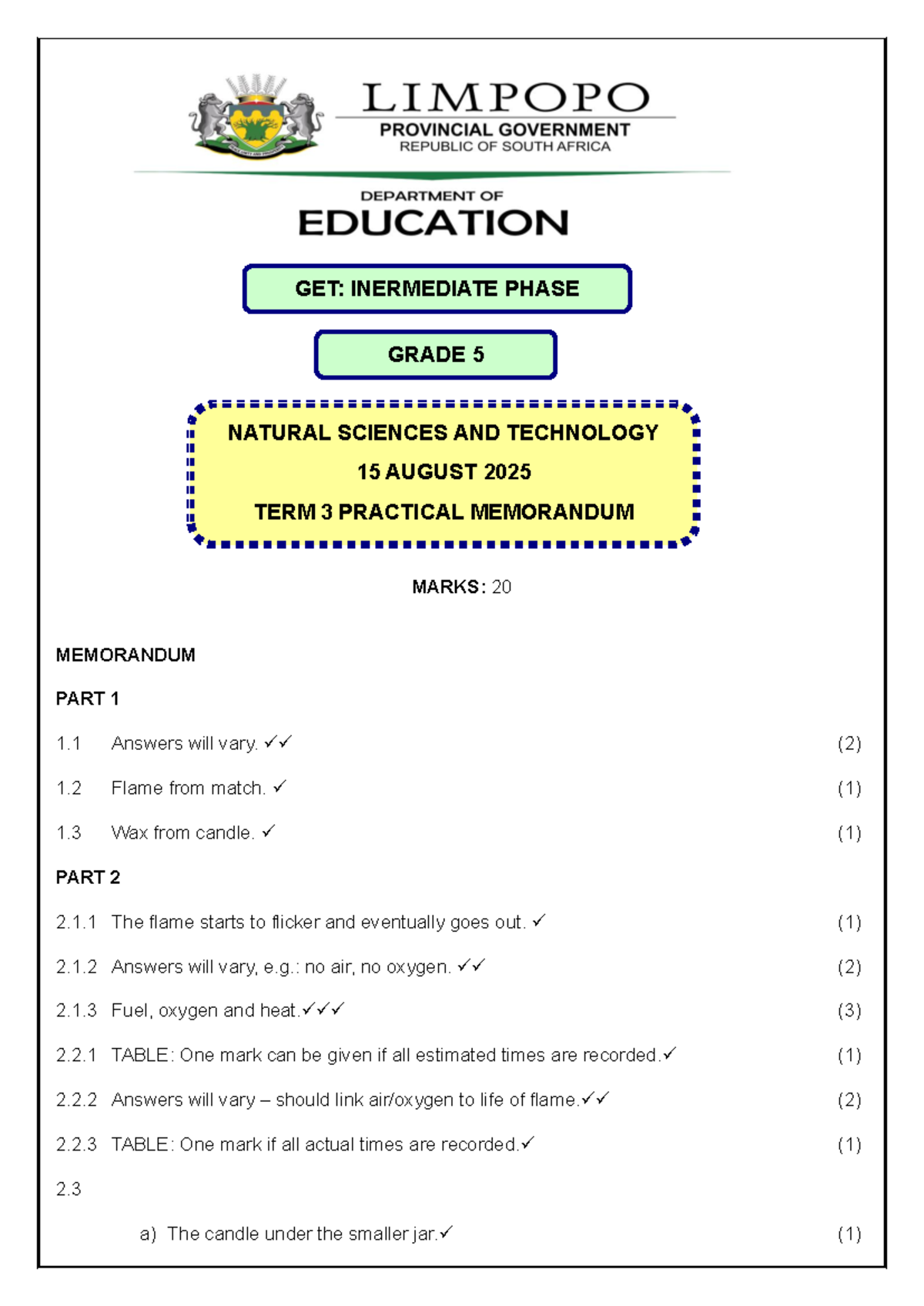 GET: GRADE 5 NATURAL SCIENCES & TECH TERM 3 PRACTICAL MEMO 2025 - Studocu