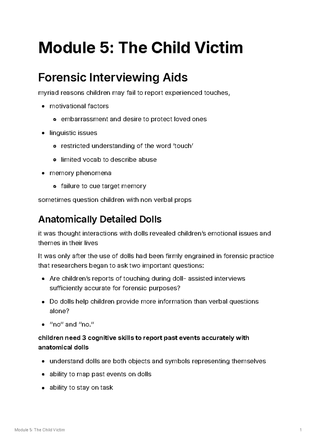 Module 5: Forensic Interviewing Techniques for Child Victims - Studocu