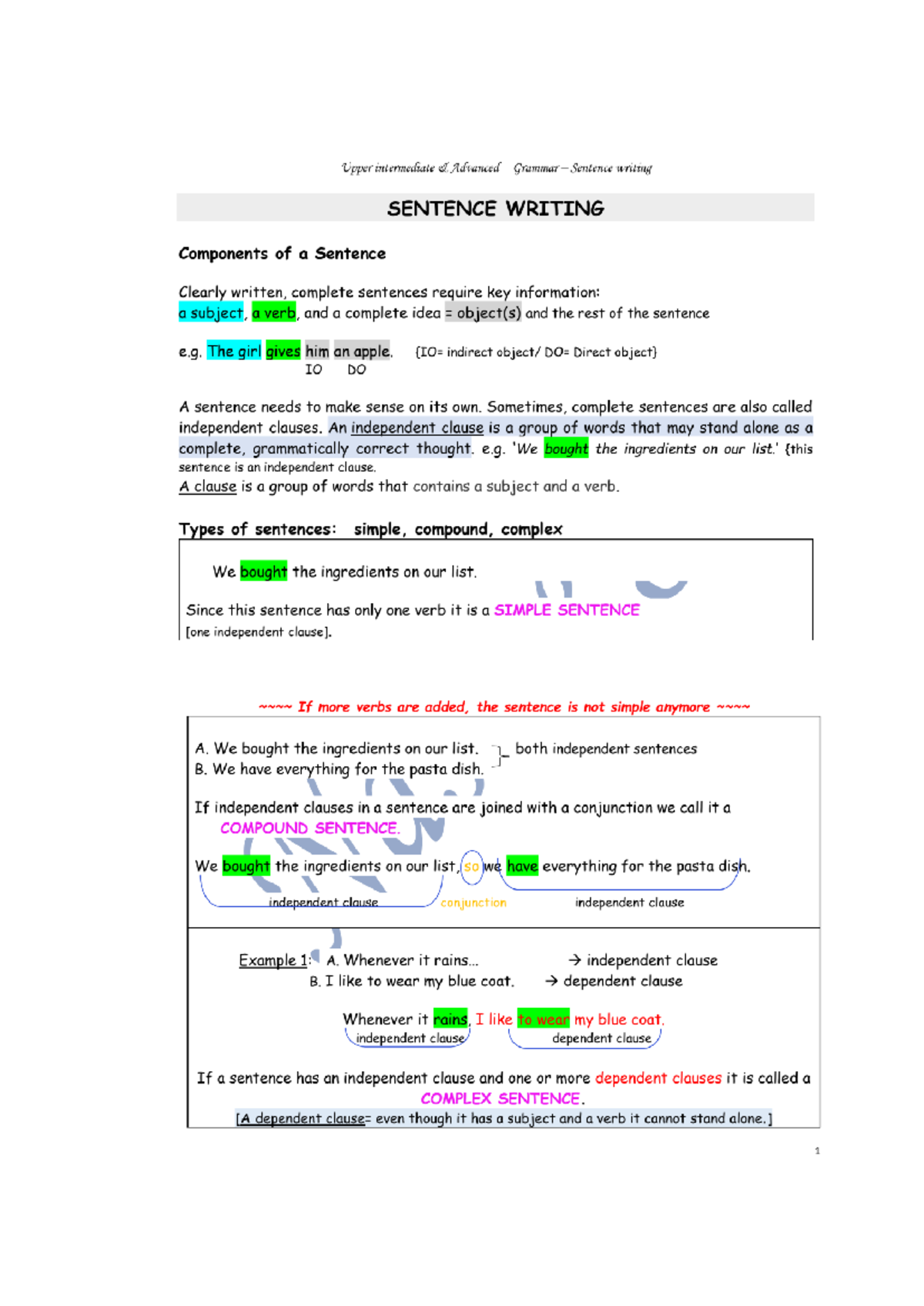 Grammar sentence writing - Engels - Studocu