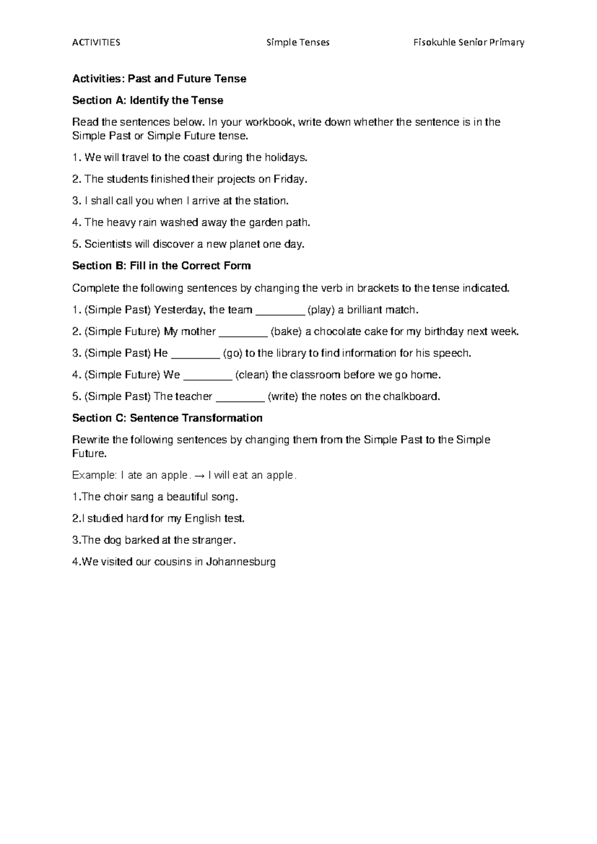 Activities - English EFAL Worksheet: Simple Tenses Practice - Studocu