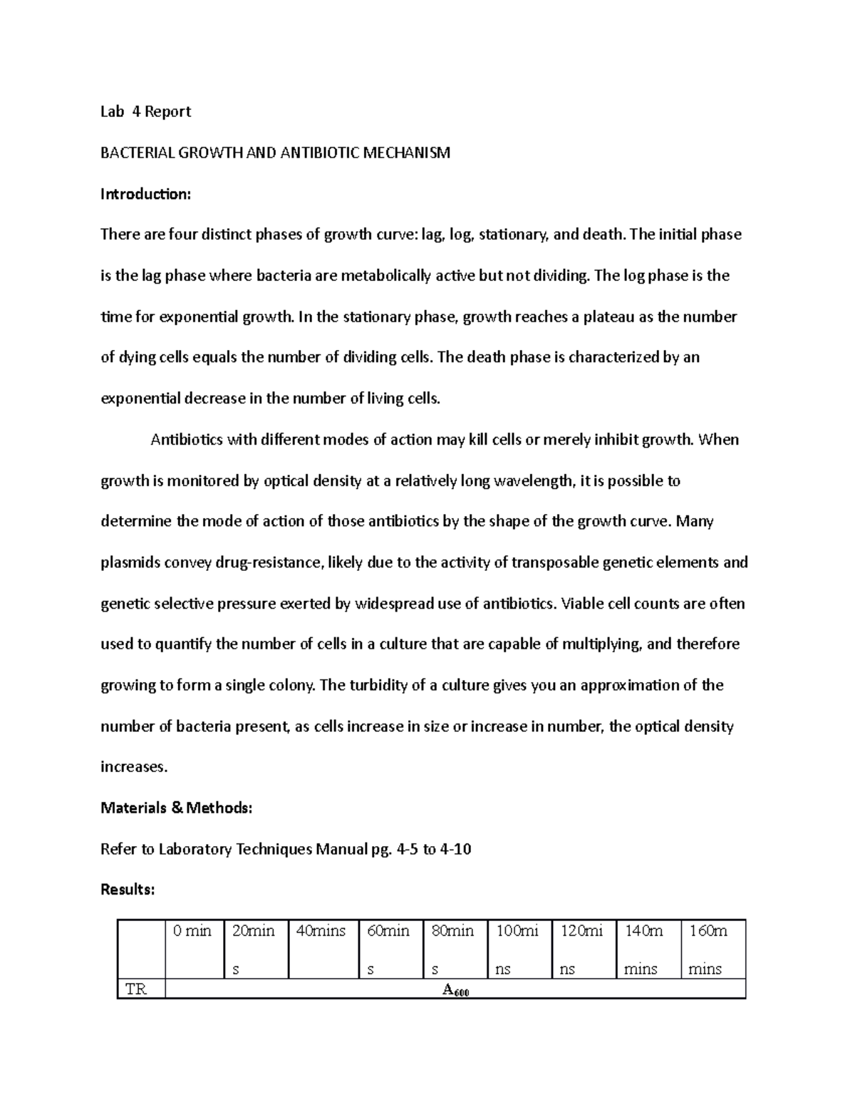 lab 4 report- Bacterial Growth and Antibiotic Mechanisms - BMSC 240 - U ...