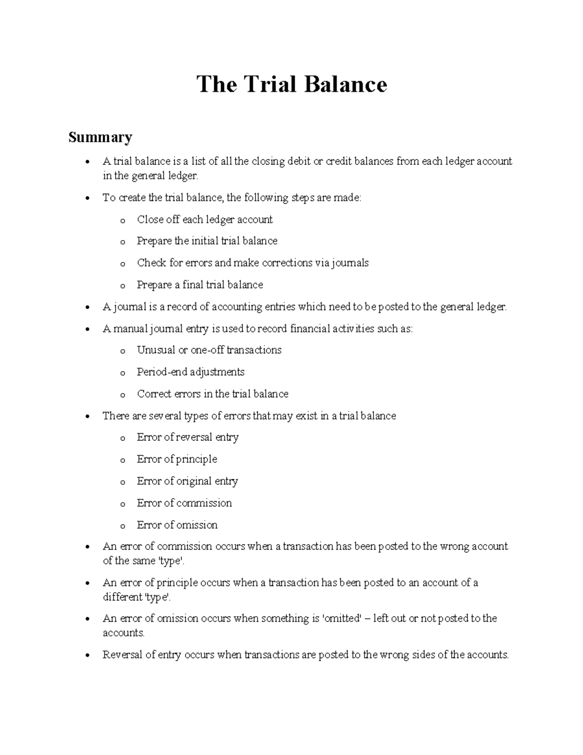 Trial Balance Summary: Key Steps and Common Errors - Studocu