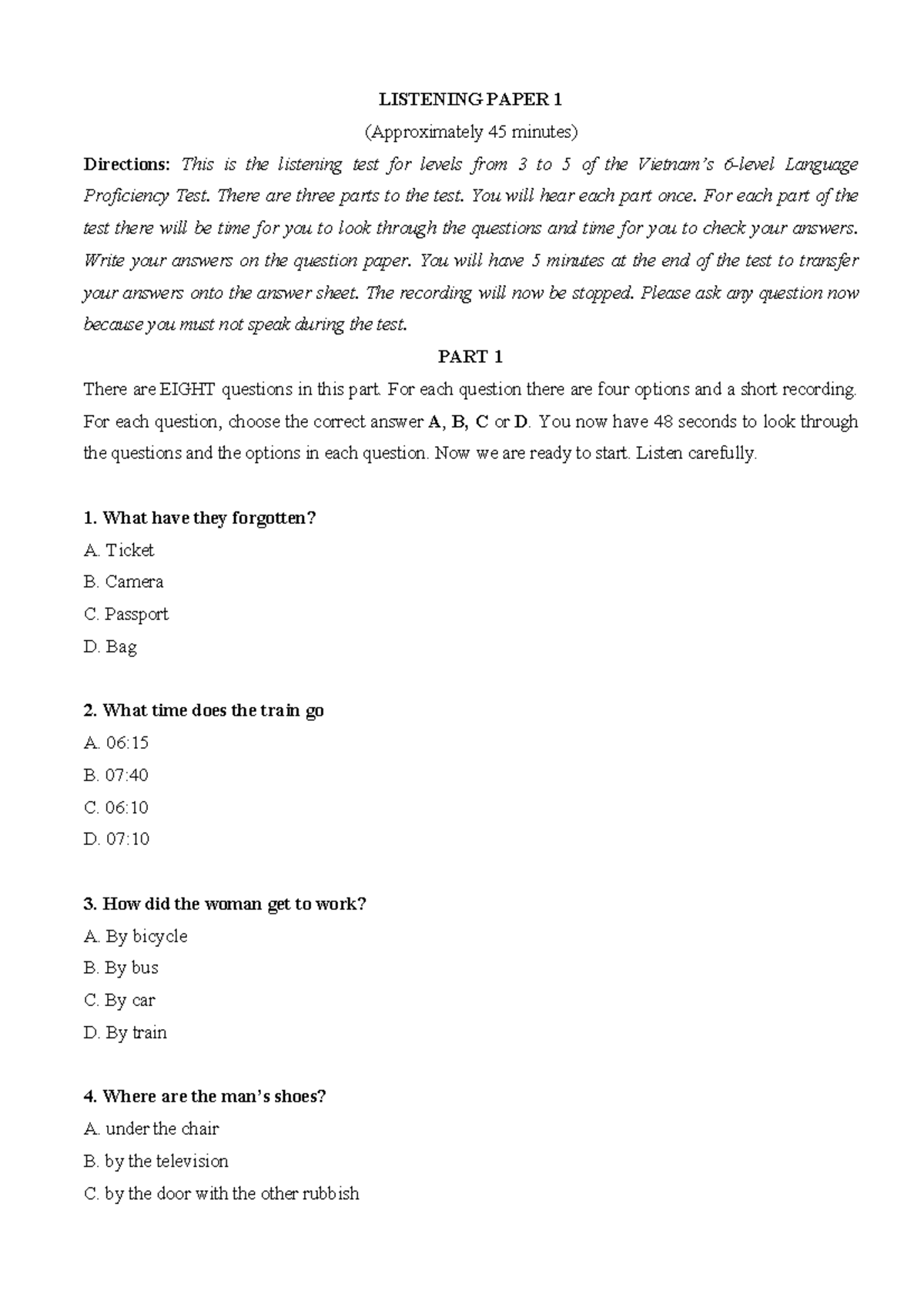 Vstep Listening Test Paper 1 (Levels 3-5) - Studocu