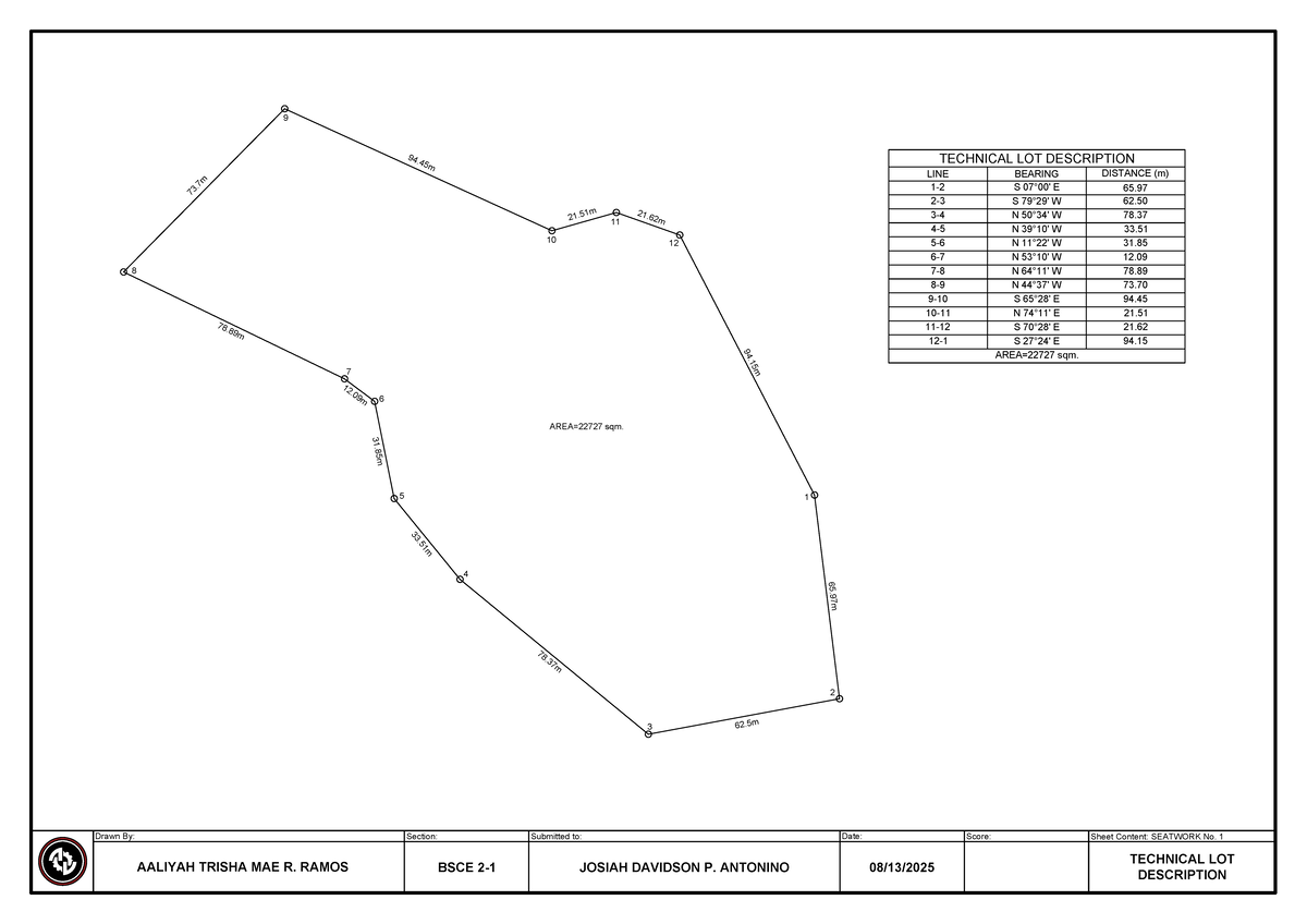 BSCE 94 Technical Lot Description - Seatwork No. 1 - Studocu
