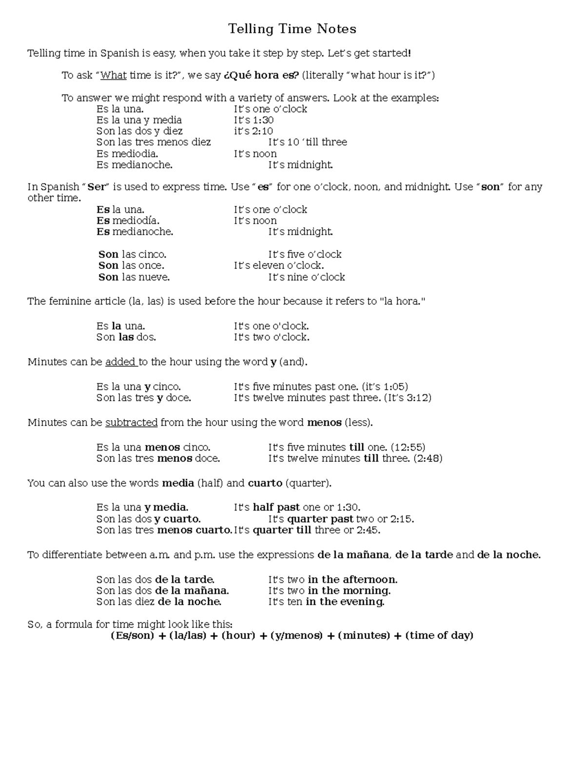 9 - Basic notes for the telling of time in Spanish - Telling Time Notes ...