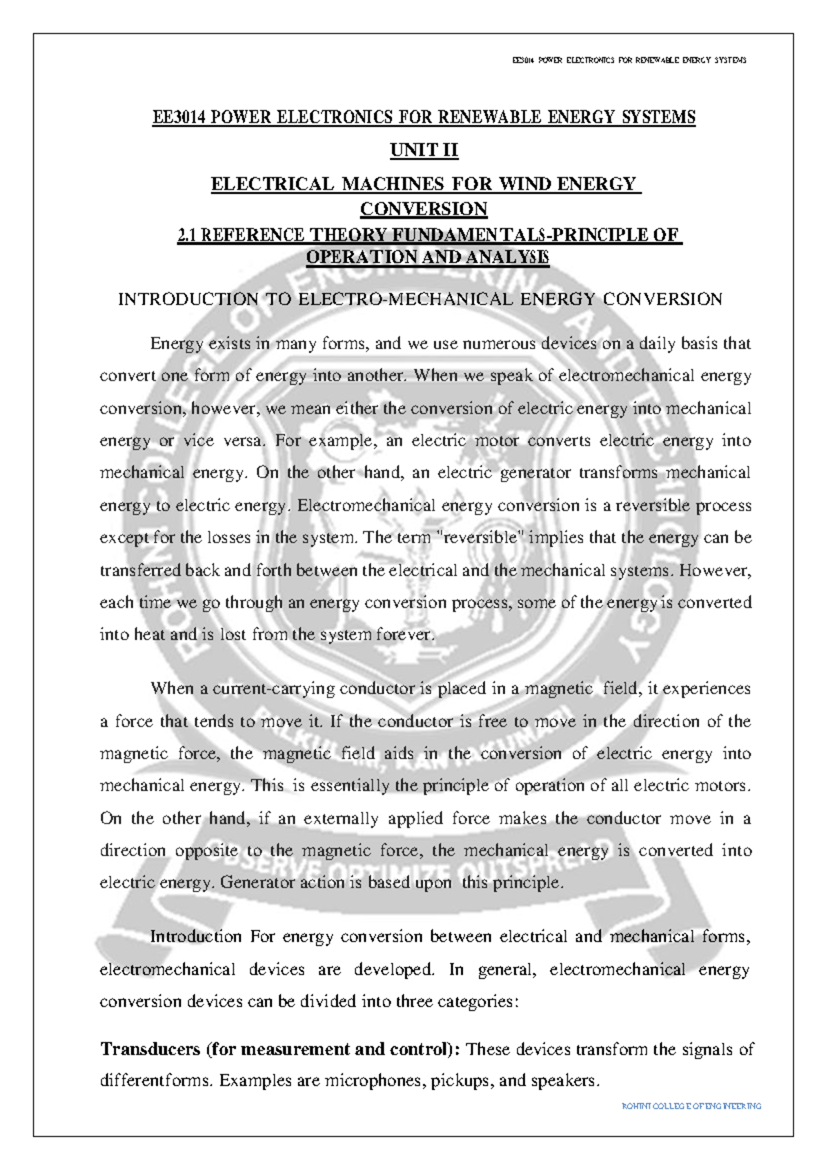 EE3014 Power Electronics: Unit II - Electrical Machines for Wind Energy ...