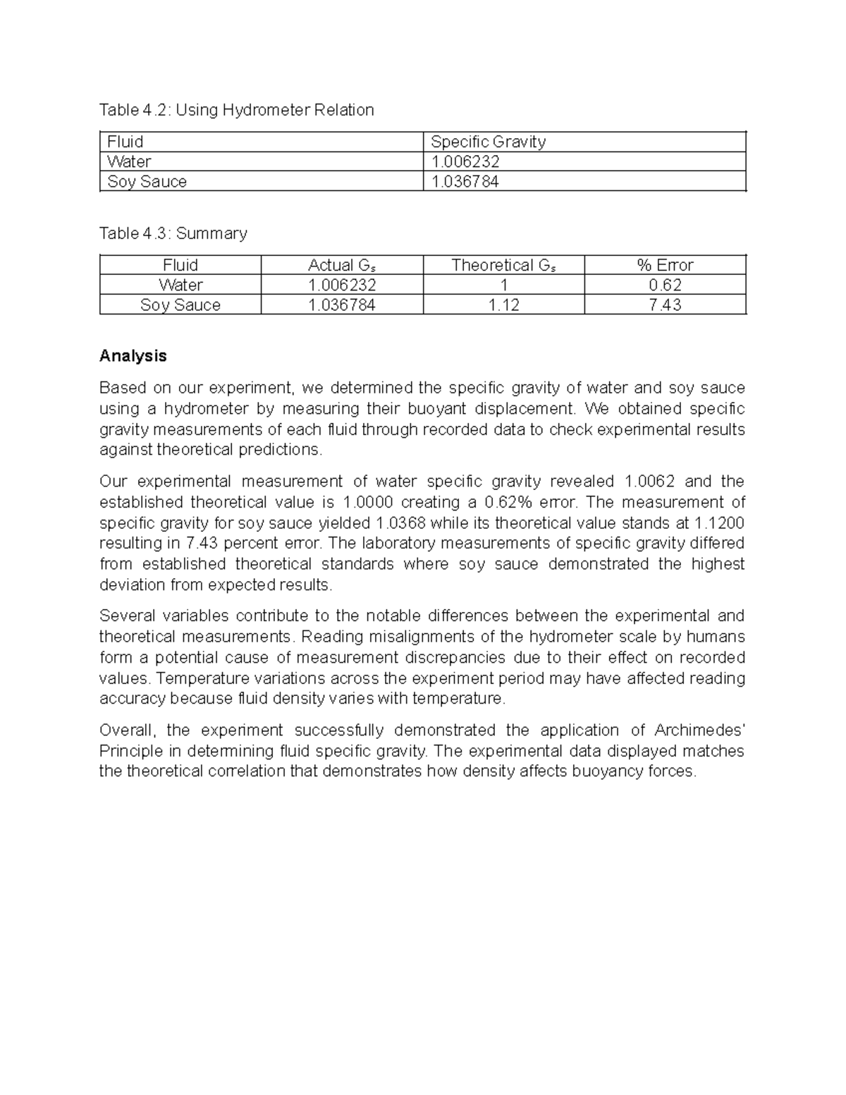 Cien3131 hydraulics Lab - Table 4: Using Hydrometer Relation Fluid ...