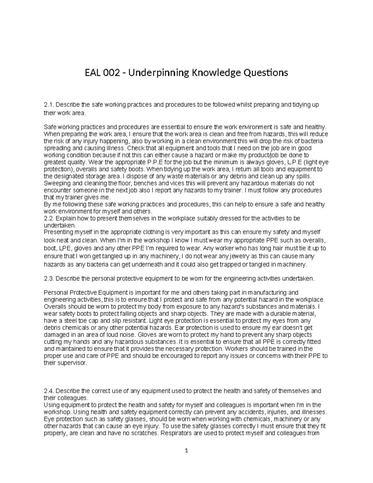 EAL 002 - Underpinning Knowledge: Safe Practices & PPE Guidance - Studocu
