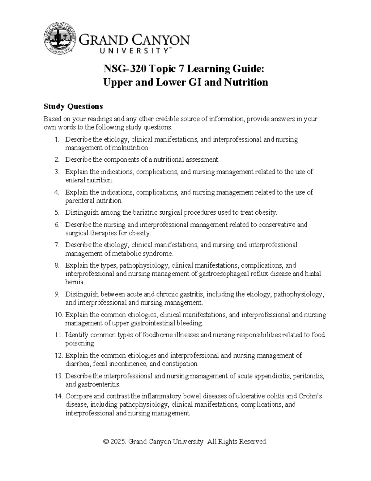NSG-320 Topic 7 Learning Guide: GI Disorders and Nutritional Management - NSG-320 Topic 7 ...
