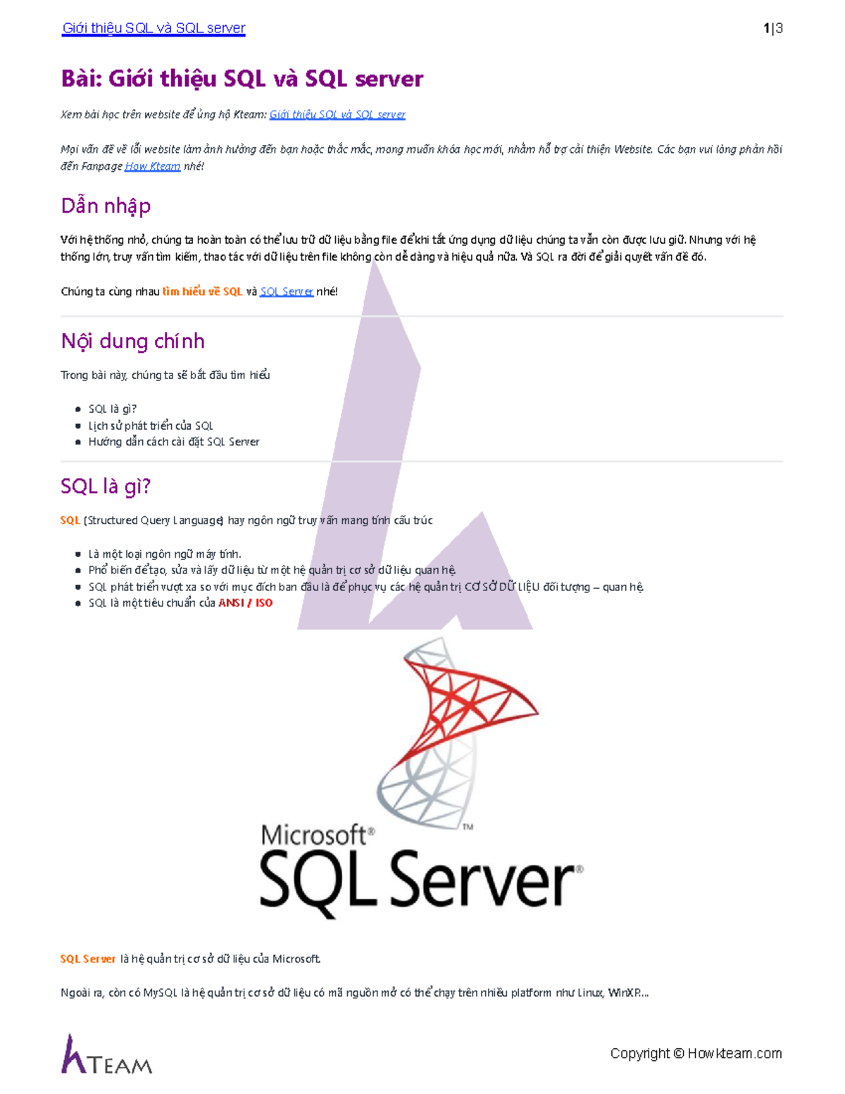 Giới thiệu SQL và SQL Server: Khóa học cơ bản về SQL - Studocu