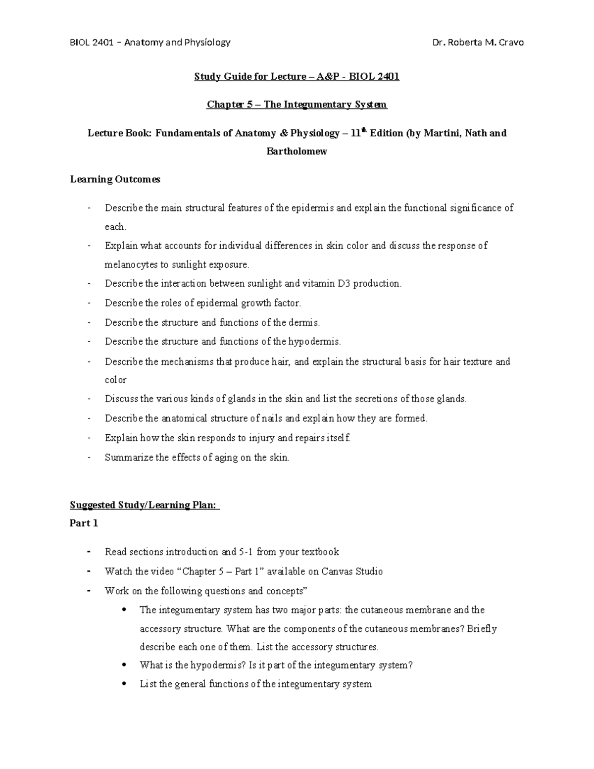 Study Guide for BIOL 2401: Integumentary System Lecture Notes - Studocu