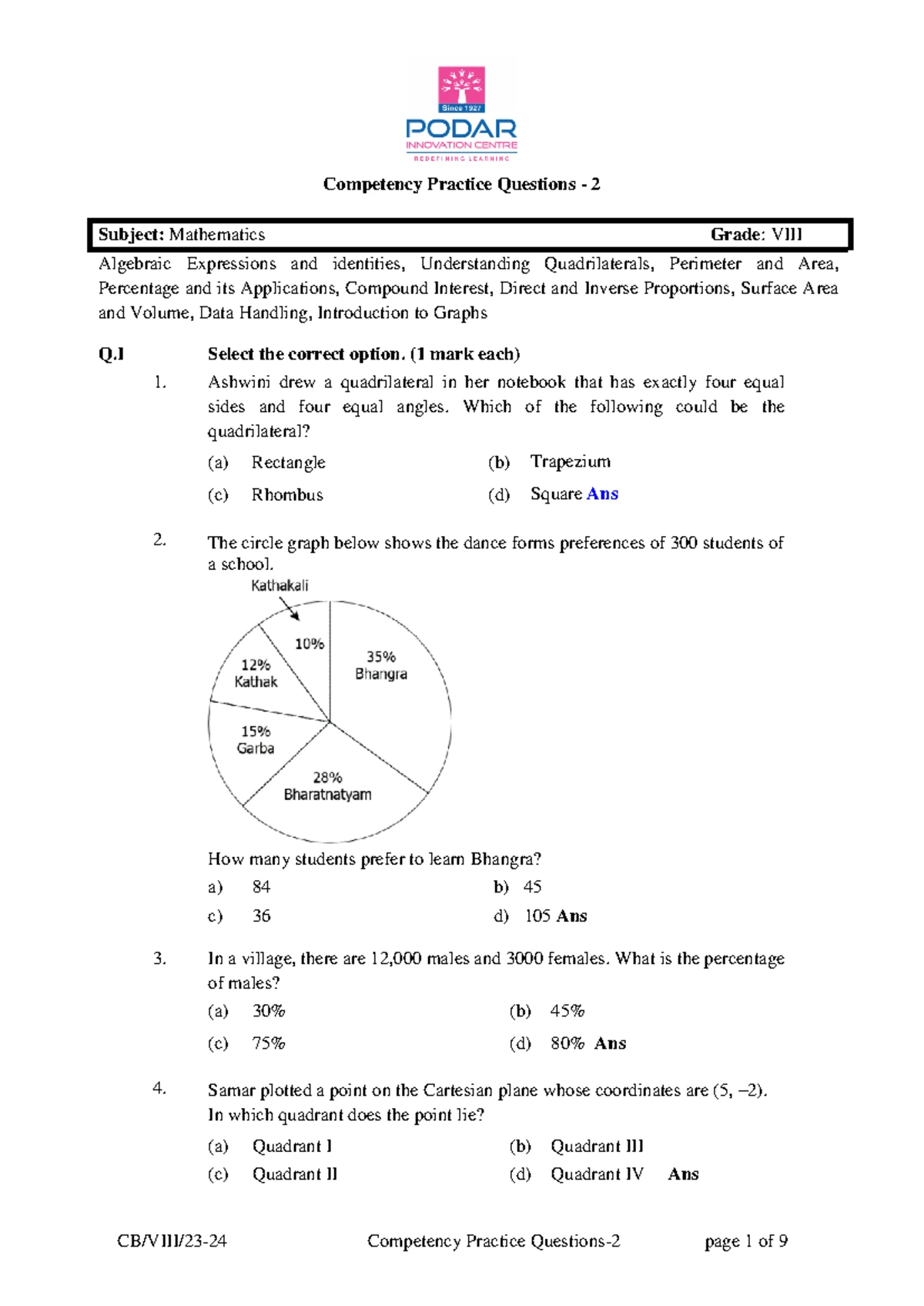 PODAR INTERNATIONAL SCHOOL Grade VIII Yearly Exam Question Paper 2022 ...