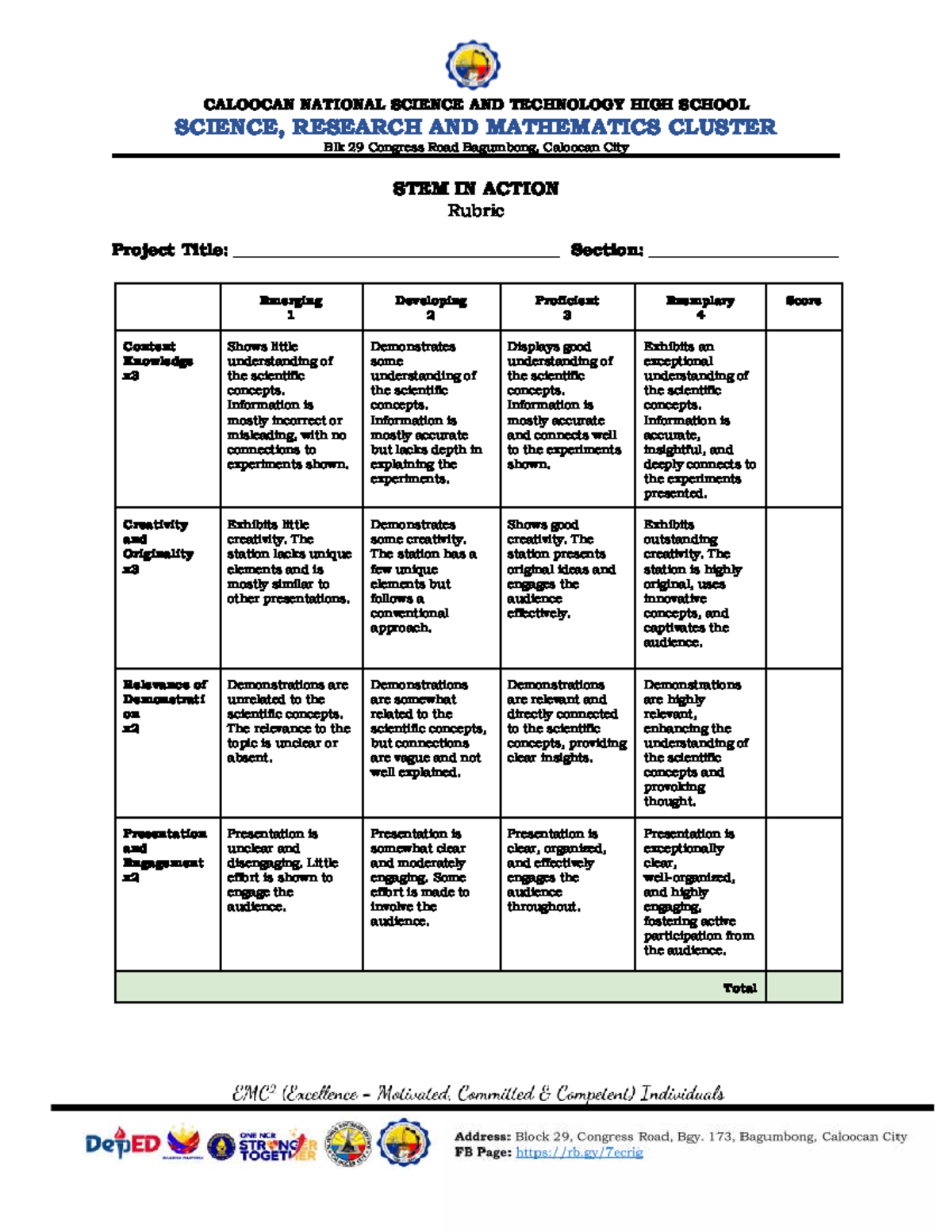 STEM IN ACTION Rubric for Project Assessment - CALOOCAN HS - Studocu