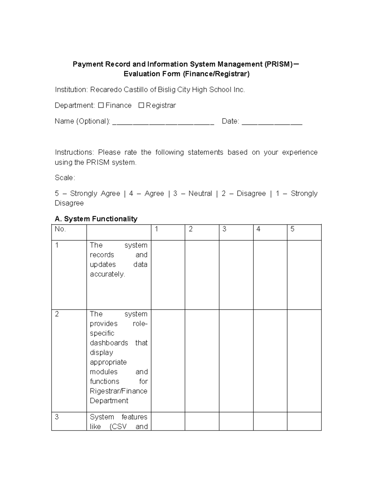 PRISM System Evaluation Form - Recaredo Castillo High School - Studocu