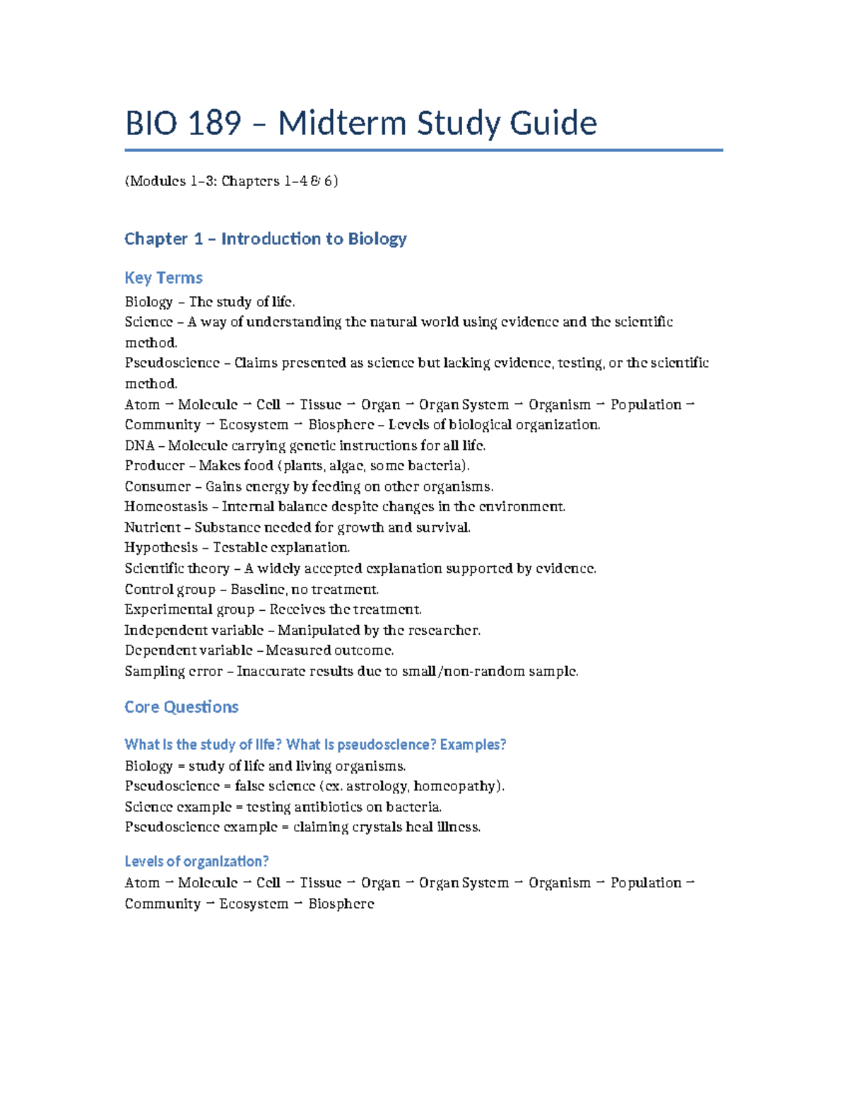 BIO 189 Midterm Study Guide: Key Concepts in Cellular Biology - Studocu