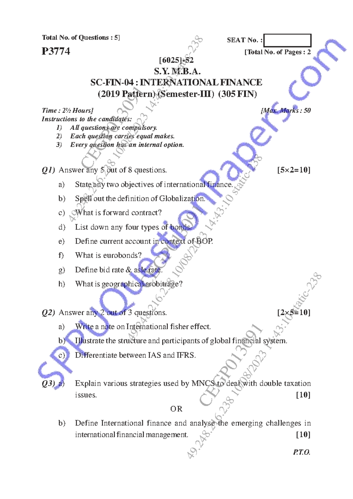 International Finance (305 FIN) - MBA Sem 3 Exam Paper (2019 Pattern ...