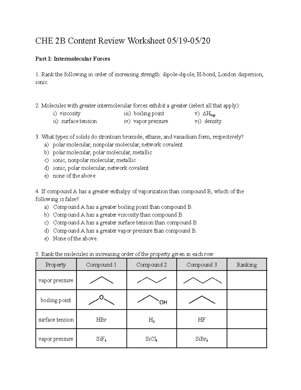 CHE 2B Content Review Worksheet: Intermolecular Forces & Phase Diagrams ...
