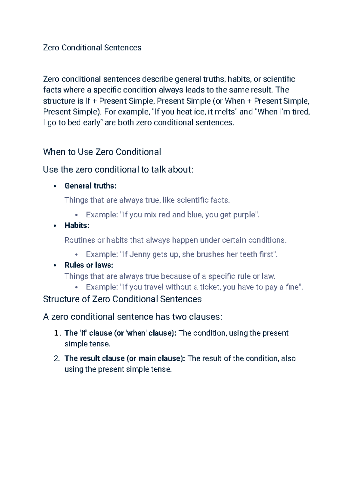 A1 Zero Conditional Sentences: Structure and Usage Guide - Studocu