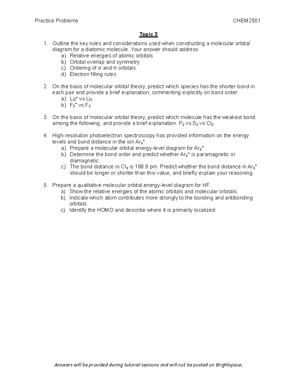 Practice Problems CHEM2501 Week 4 Tutorial on Molecular Orbitals - Studocu