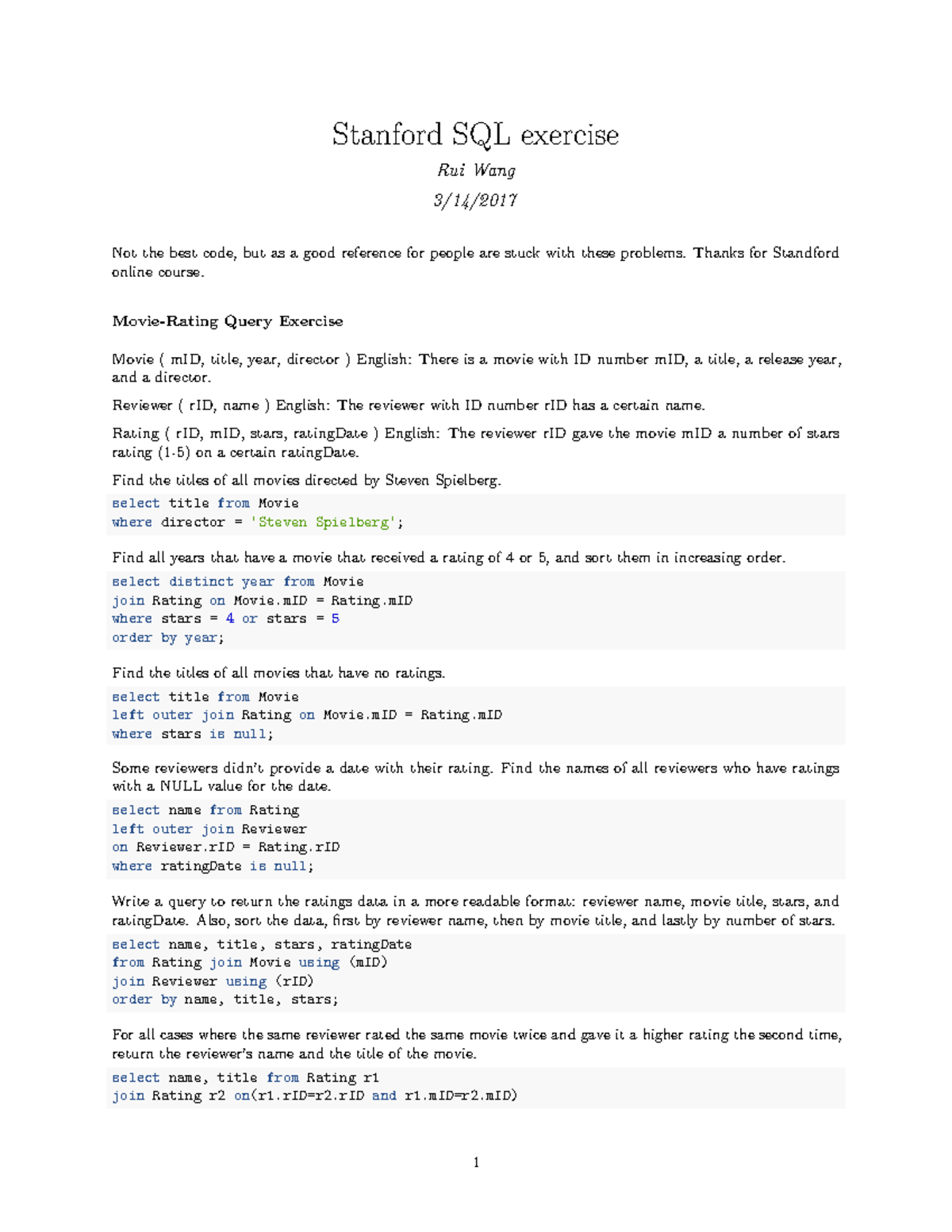 SQL Exercise: Movie & Highschooler Queries (Stanford Course) - Studocu