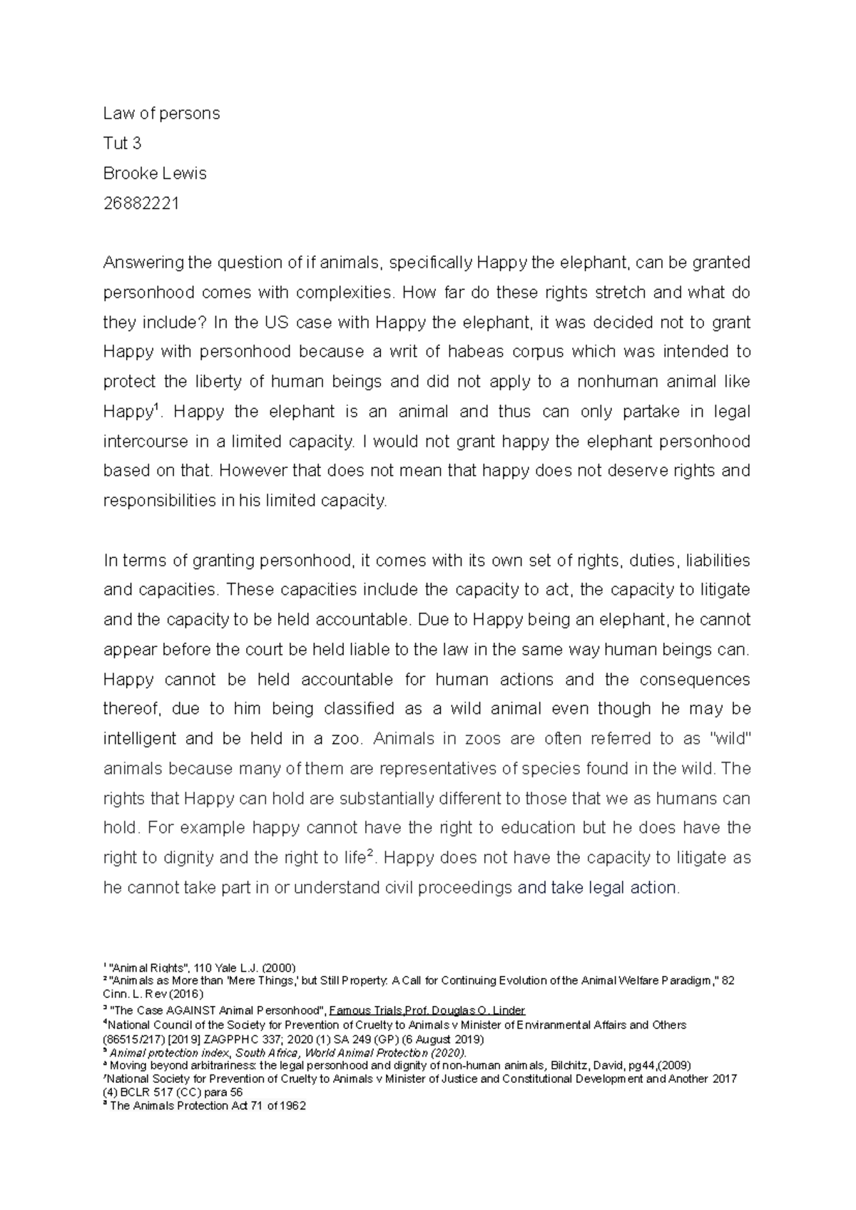 Law of Persons Tut 3 - Analysis of Animal Personhood and Rights - Studocu