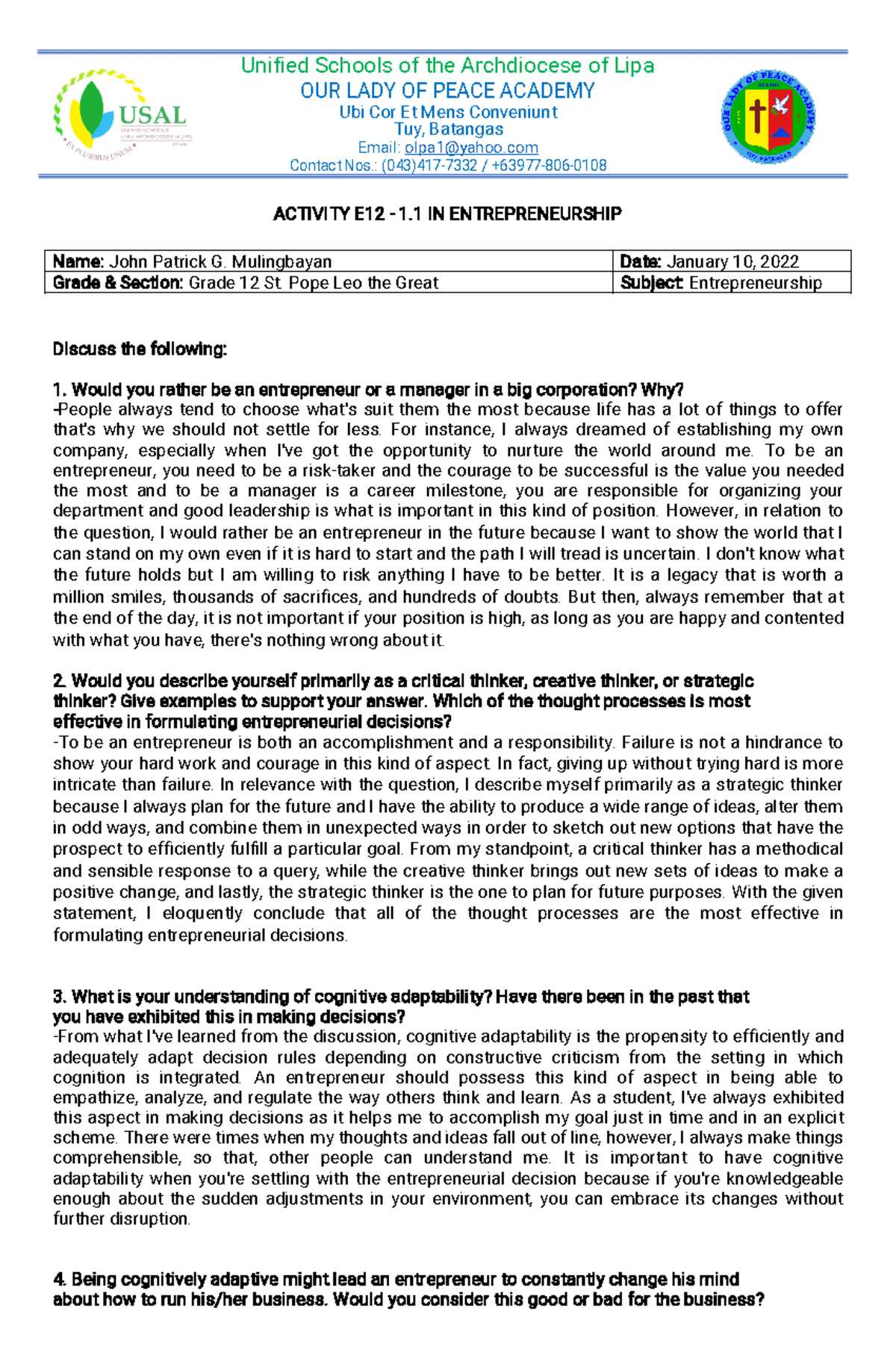 Entrepreneurship Activity 12-1 Insights and Reflections - Studocu