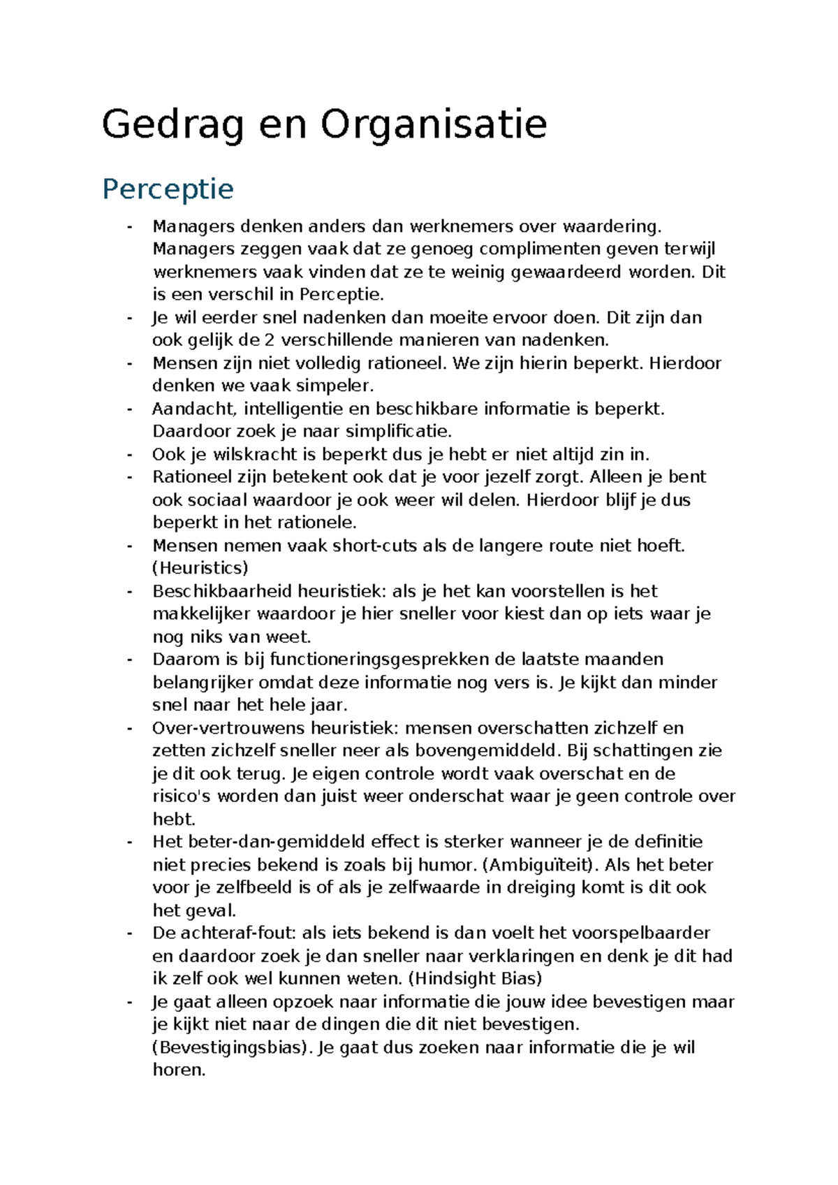 Gedrag en Organisatie: Percepties van Managers vs. Werknemers (H7 ...