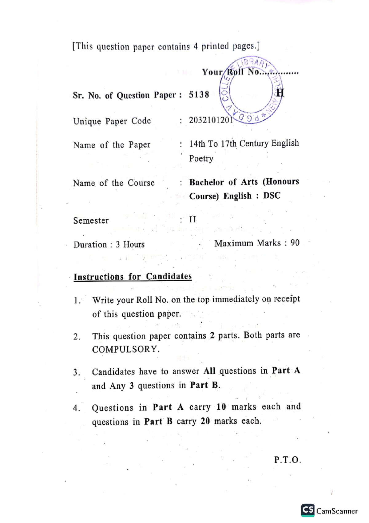 BA (Hons) English: 14th-17th Century Poetry Exam Paper (CS 2032101201 ...