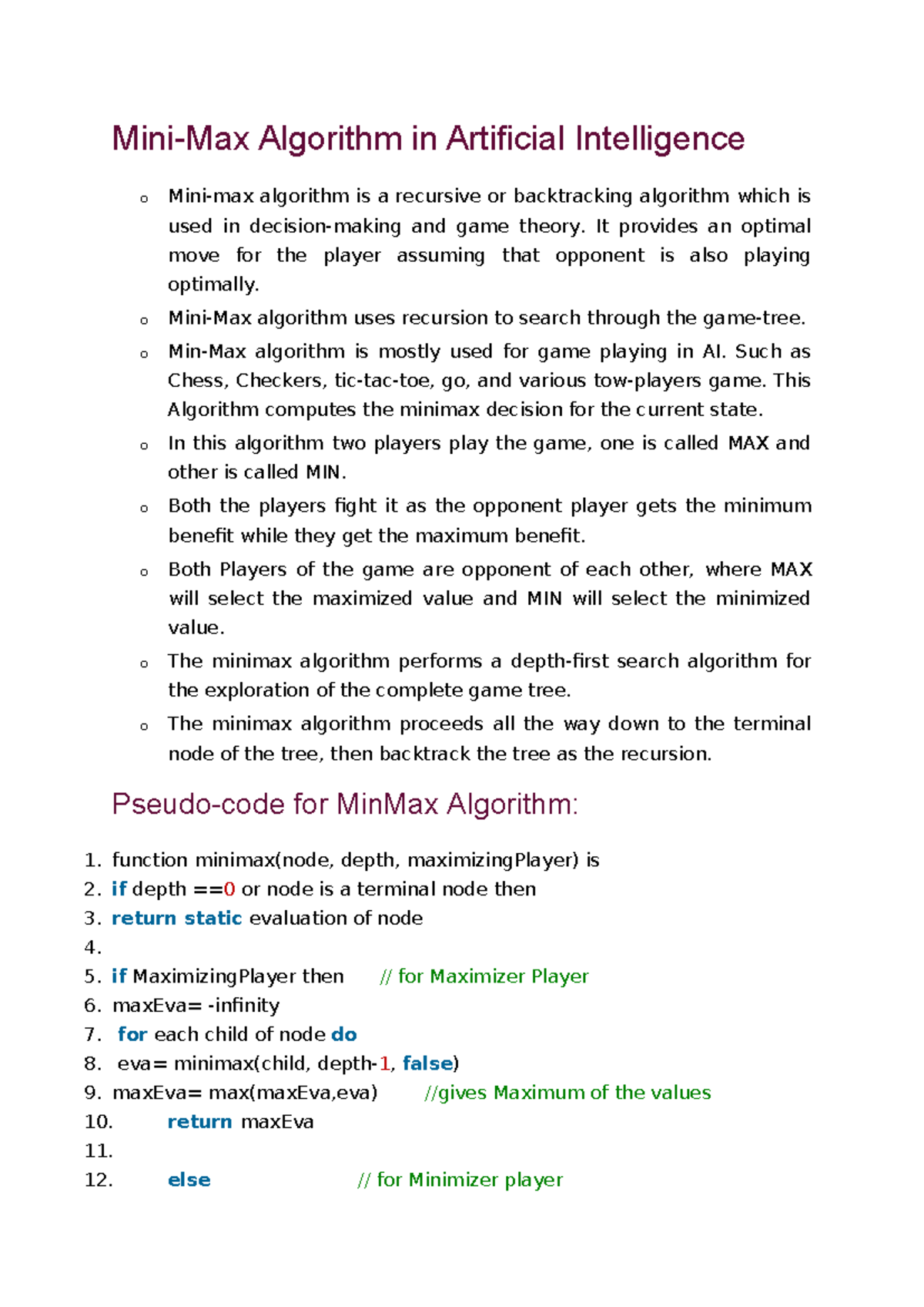 Minimax Algorithm Overview: AI Decision-Making in Games - Studocu